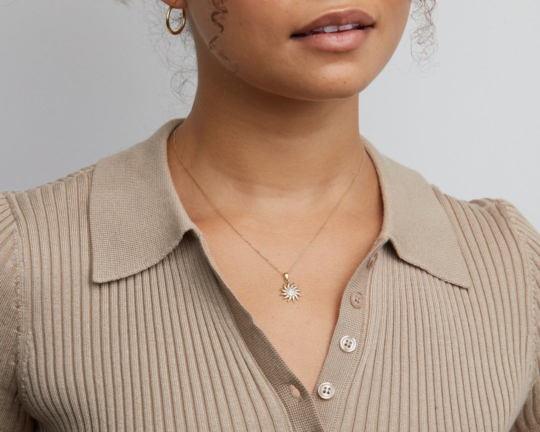 Gold Sun Necklace, 14K Gold Sun Star Necklace, Diamond CZ Sun Necklace ...
