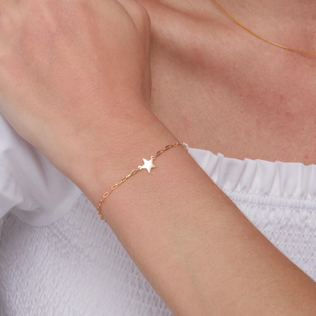 14K Gold Star Bracelet, Gold Celestial Bracelet With Paperclip Chain, Minimalist Gold Star ...