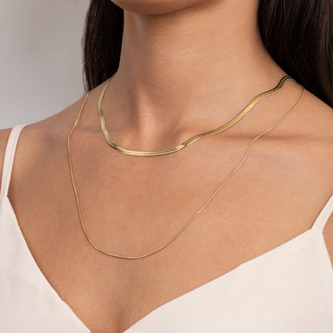 18k Gold Herringbone Necklace, Snake Chain Necklace, Herringbone Chain ...
