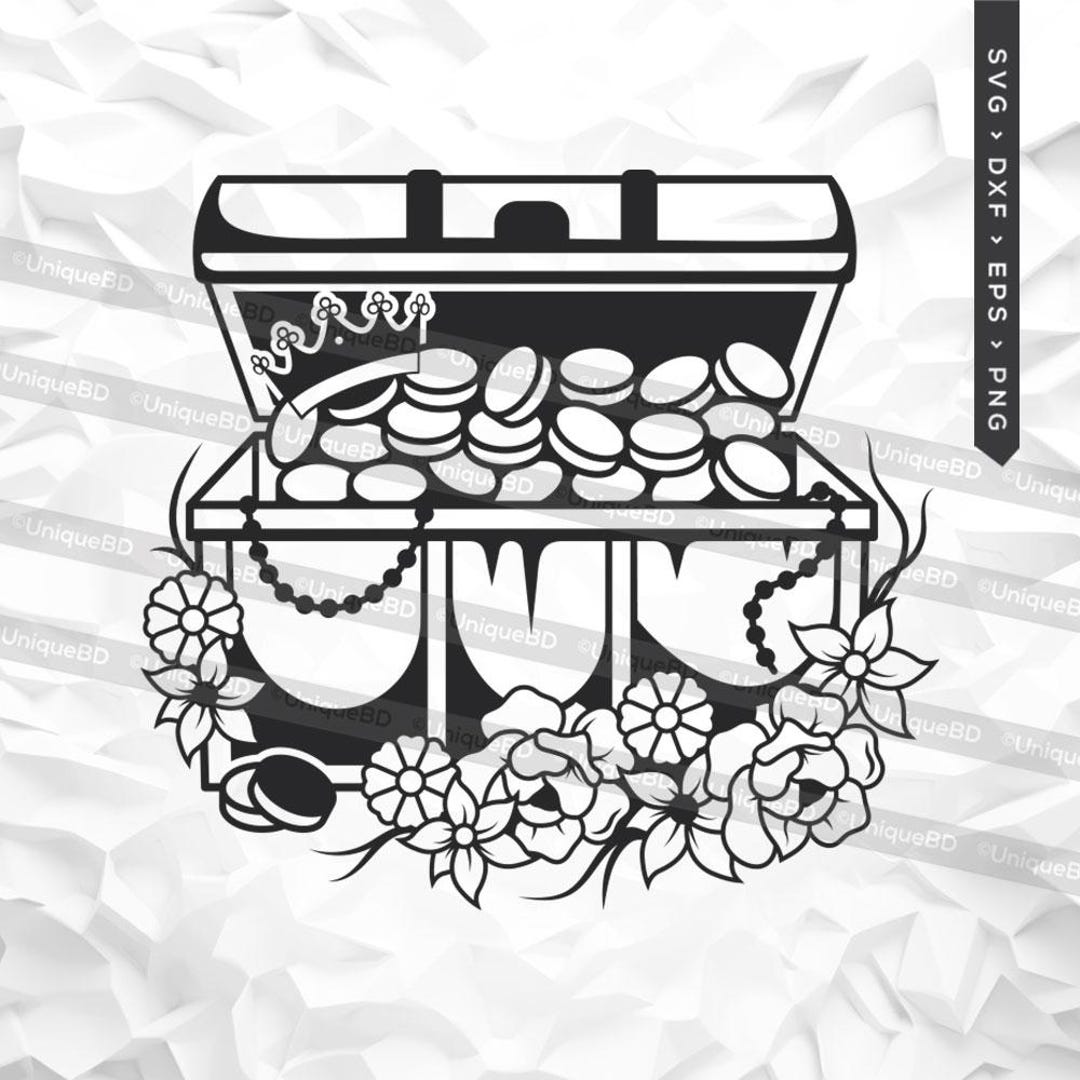 Floral Treasure Chest Silhouette SVG | Pirate Treasure Box Cut File ...