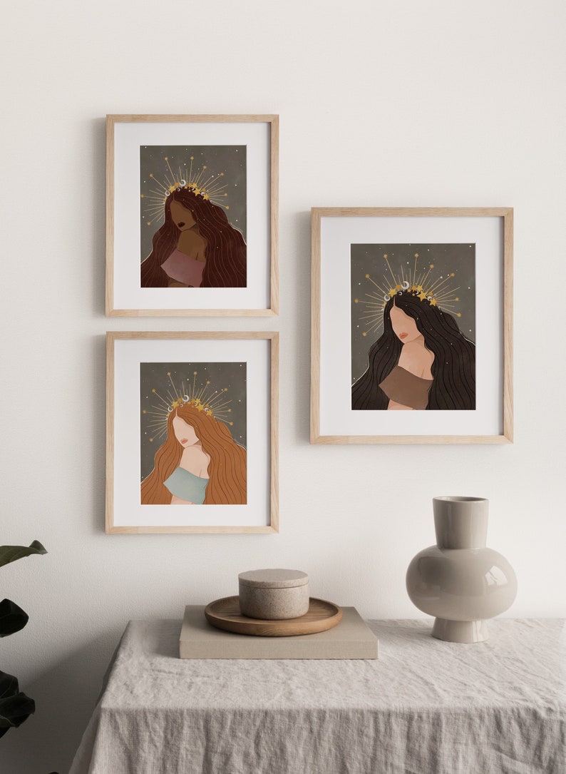 Celestial Queen Goddess Brunette Stars and Moon Hair Art - Etsy