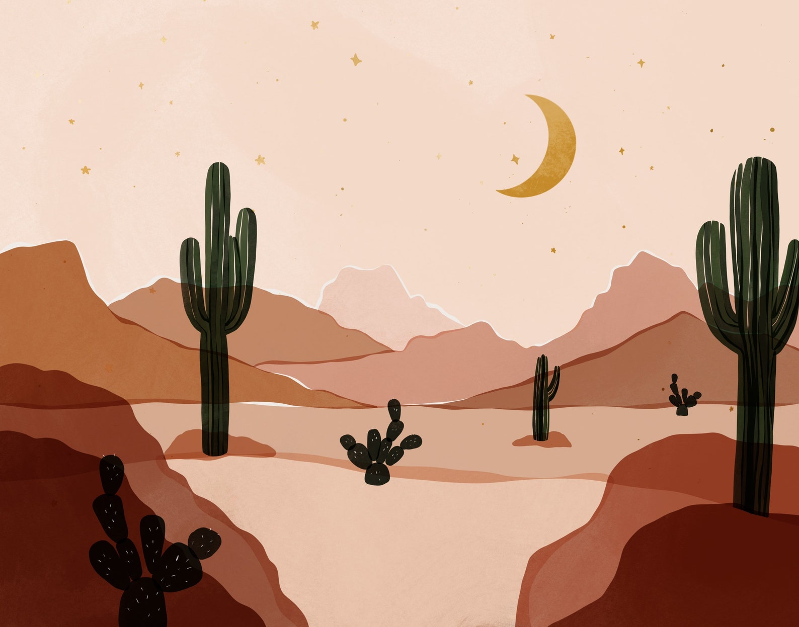 Desert Landscape Illustration Art Print Desert Art Home - Etsy