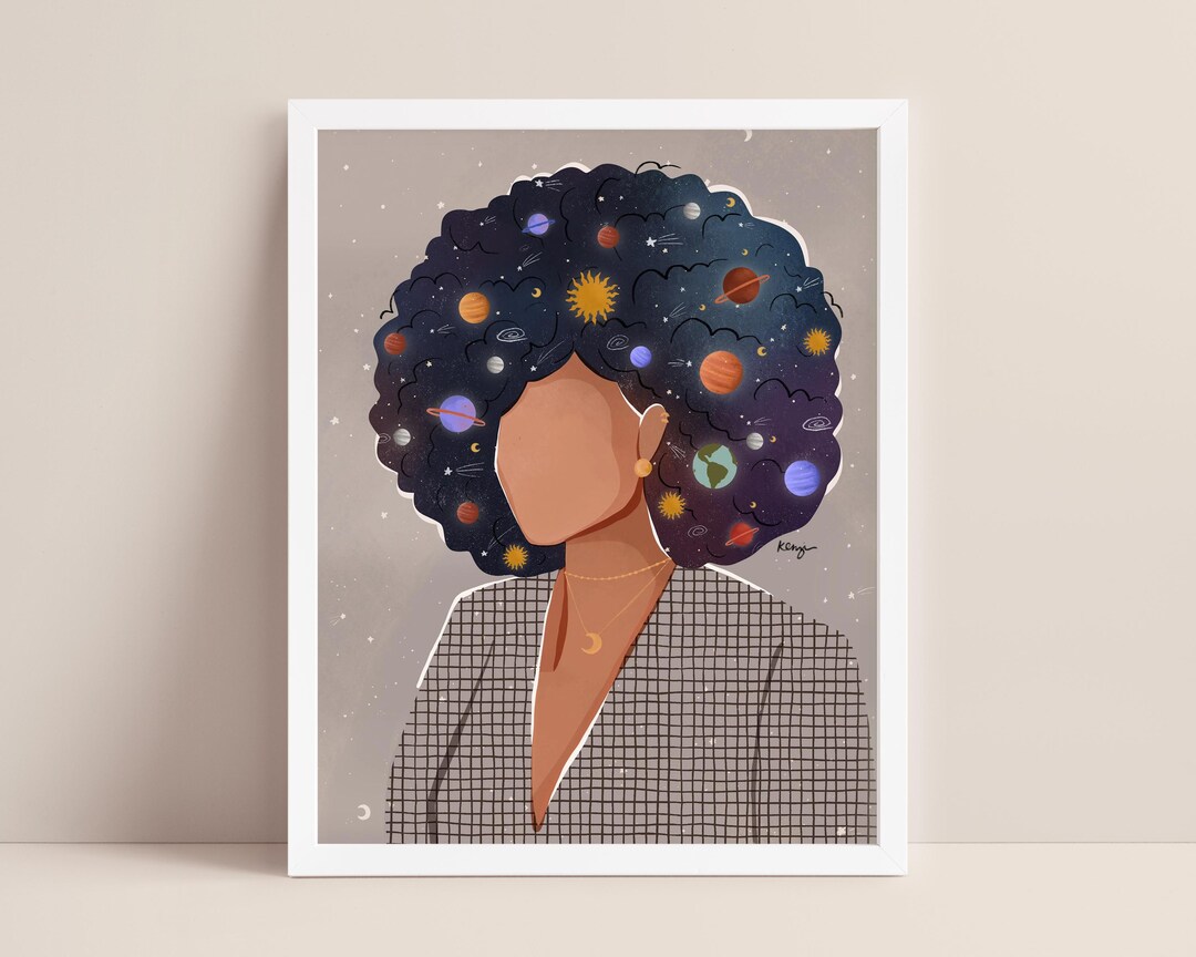 Afro Galaxy Art Print: Curly Hair Goddess Portrait (digital Art) - Etsy