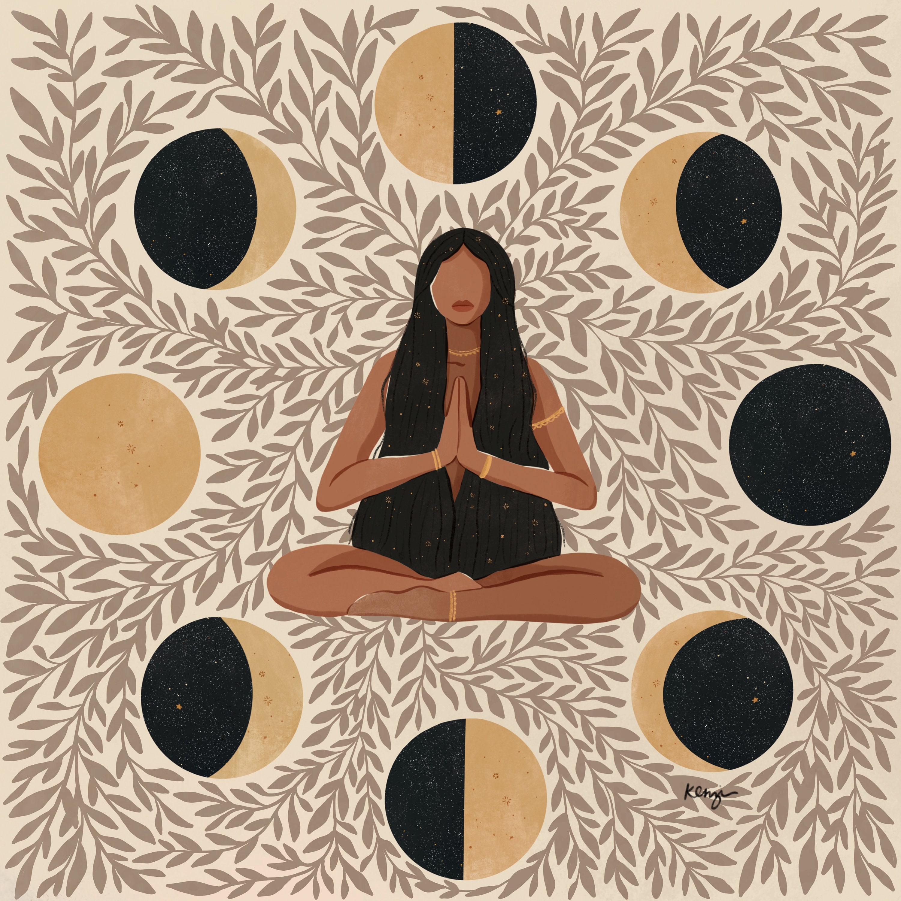 Moon Phases Meditation Art Print: Celestial Woman Portrait - Etsy