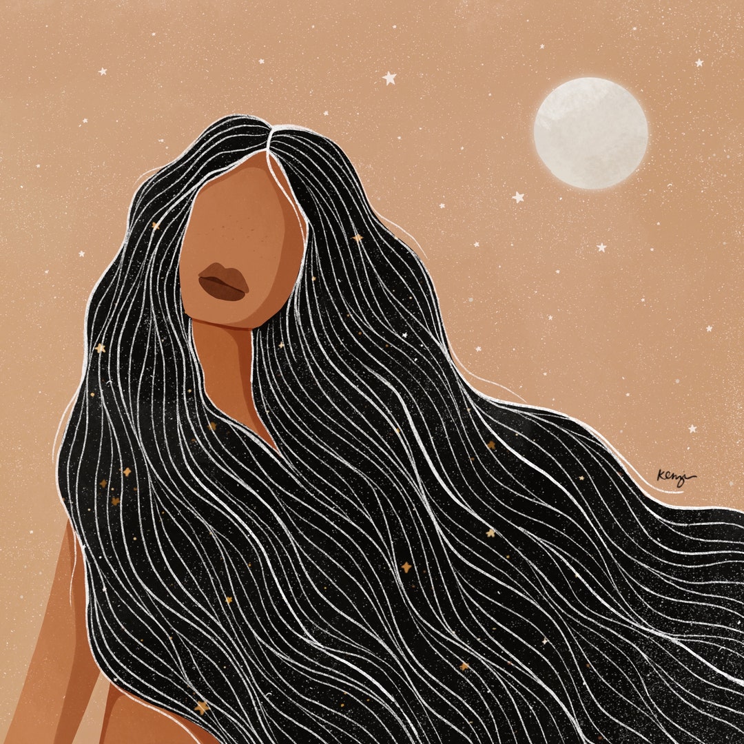 Hold the Moon Stars and Moon Hair Art Digital Art Celestial Portrait ...