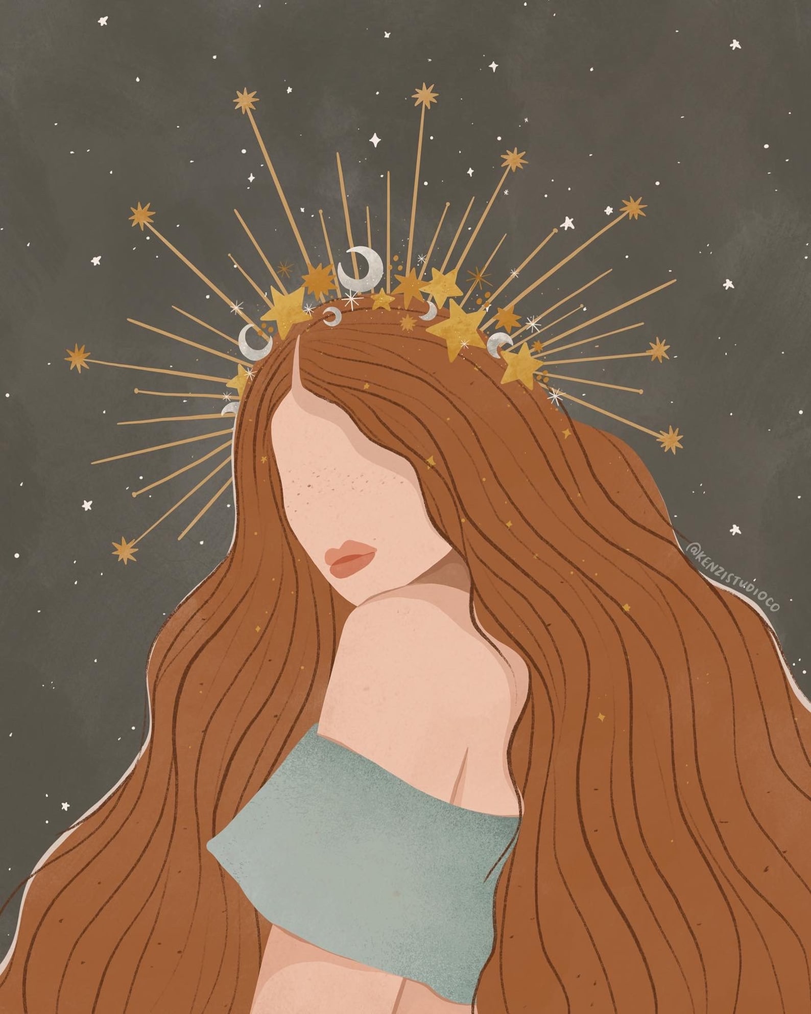 Celestial Queen Goddess Brunette Stars and Moon Hair Art - Etsy
