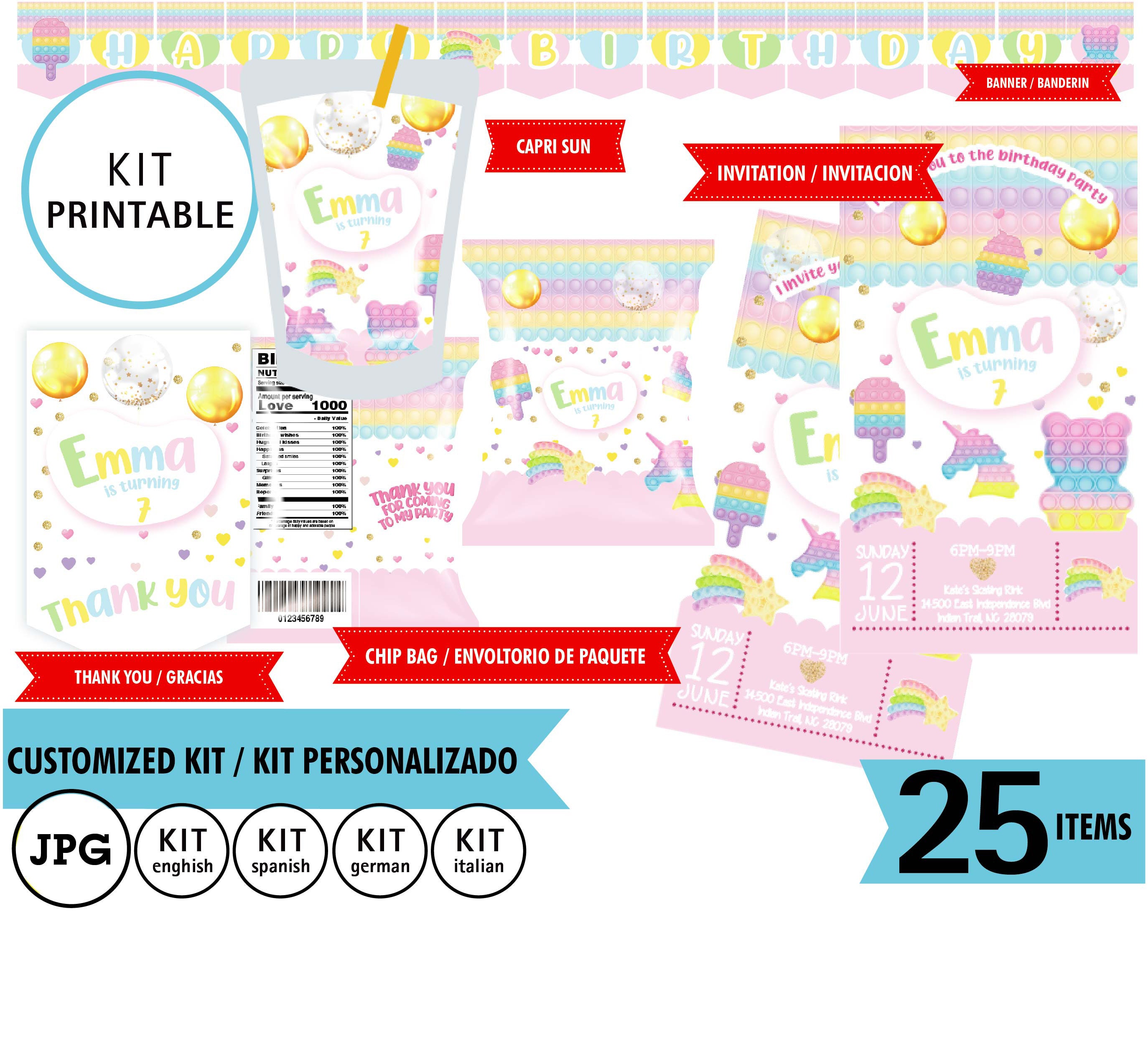 Pop It Pastel Colors, Kit Printable, Custom Logo, Birthday Party ...