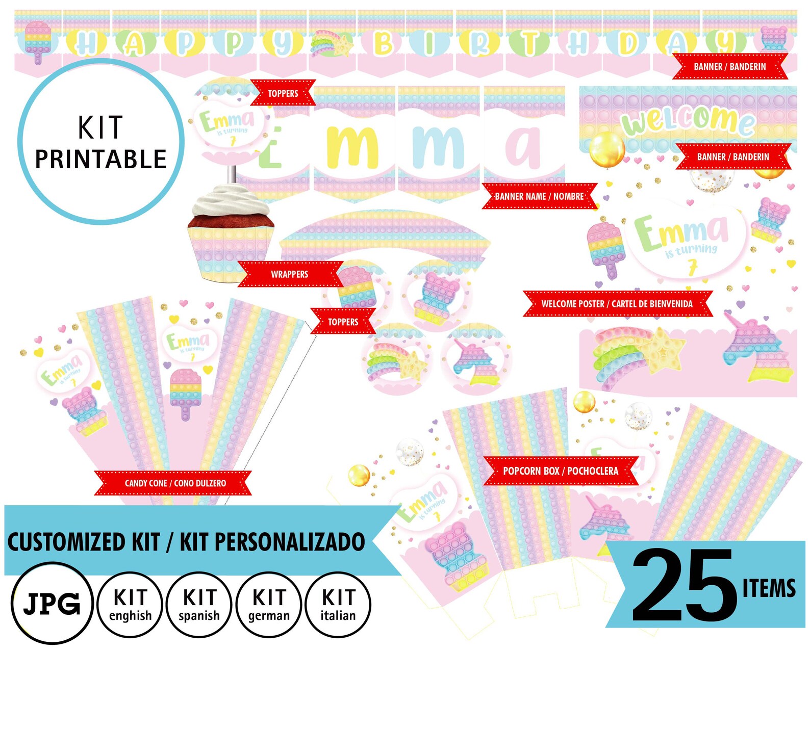 Pop It Pastel Colors, Kit Printable, Custom Logo, Birthday Party ...