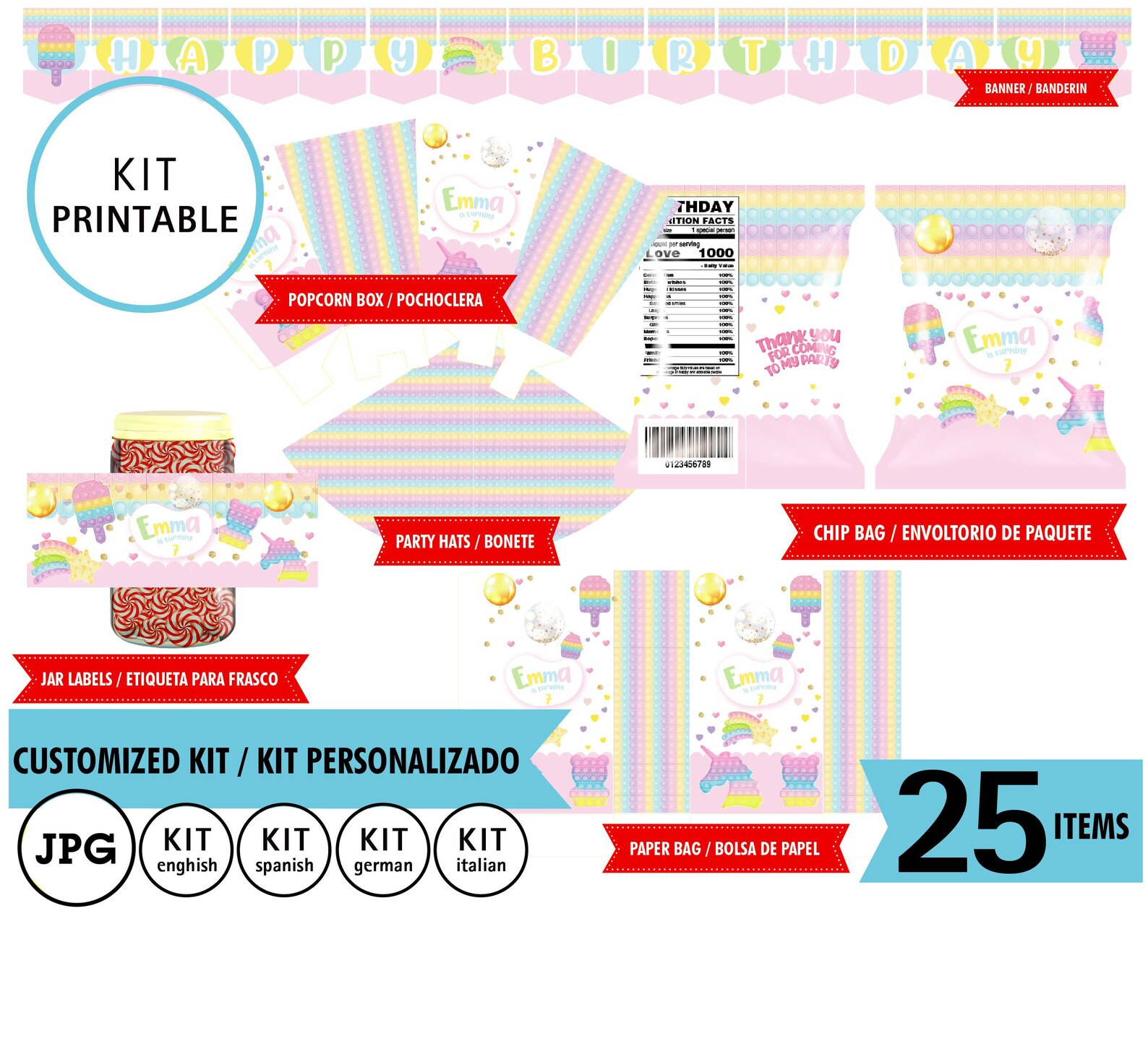 Pop It Pastel Colors, Kit Printable, Custom Logo, Birthday Party ...