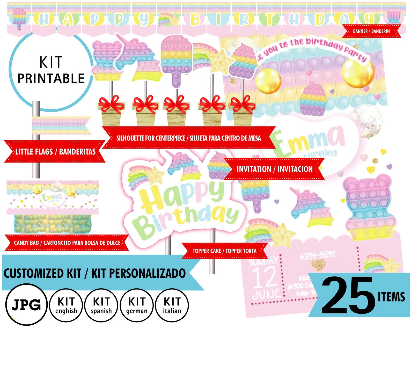 Pop It Pastel Colors, Kit Printable, Custom Logo, Birthday Party ...