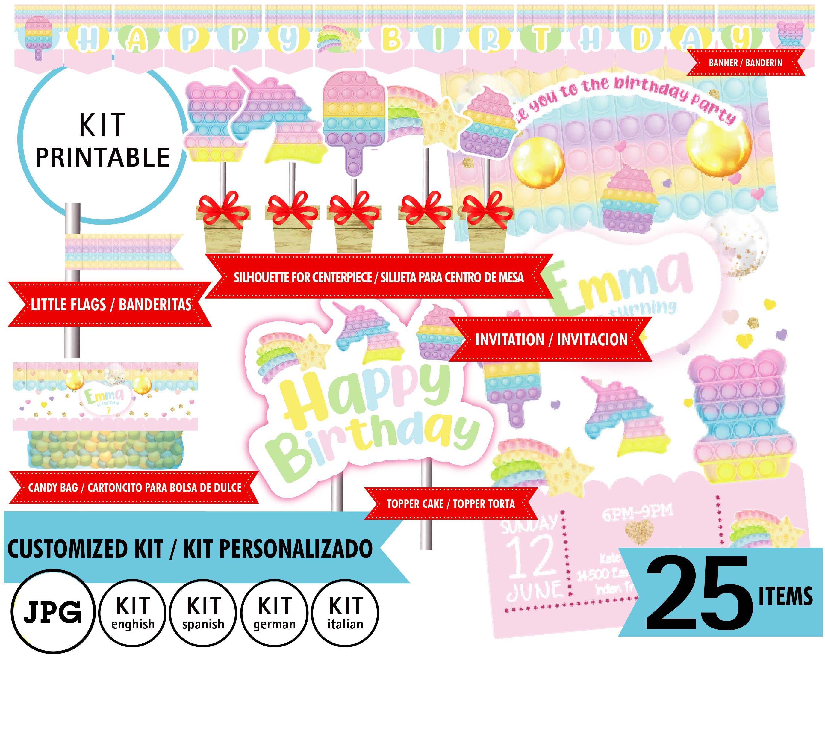 Pop It Pastel Colors, Kit Printable, Custom Logo, Birthday Party ...