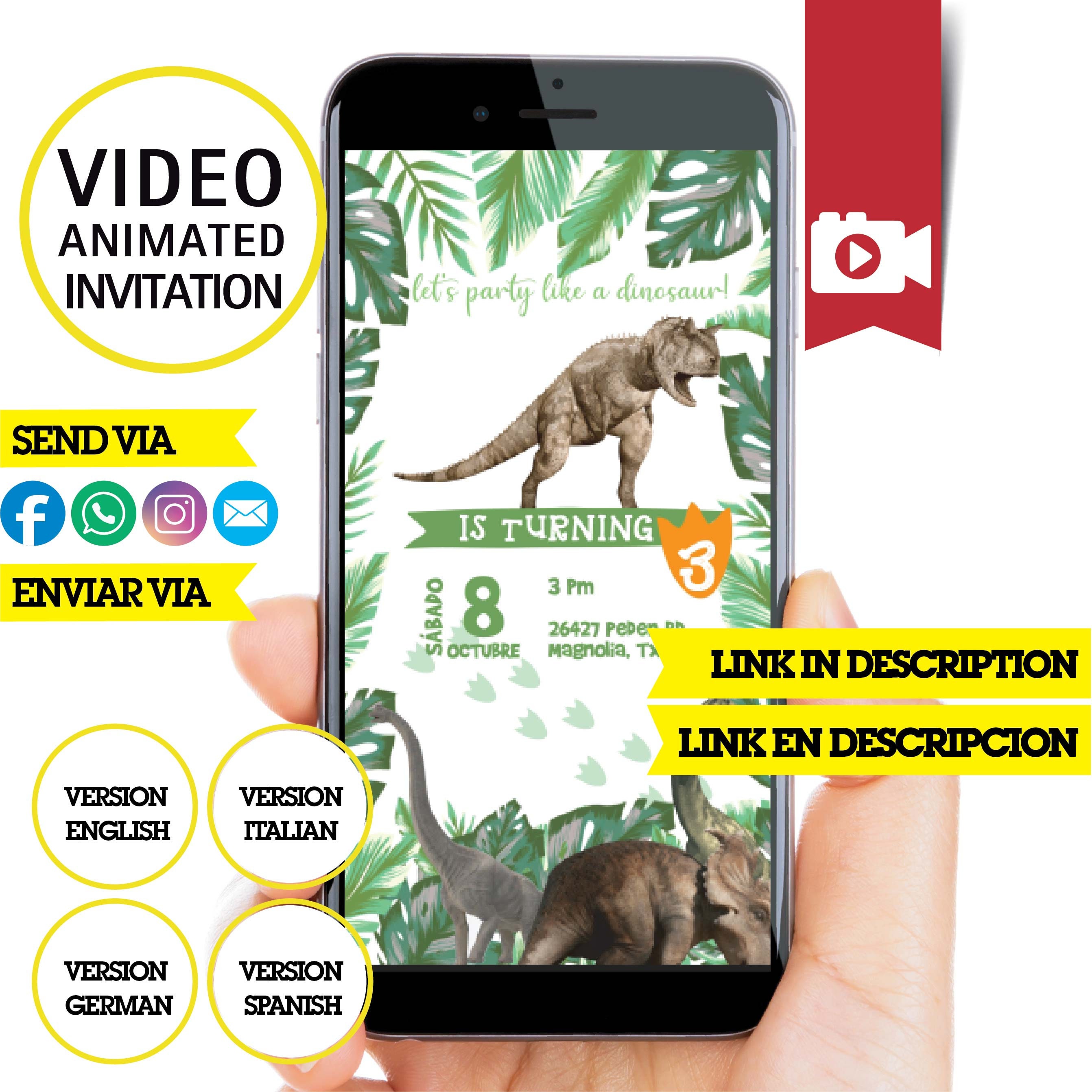 Dinosaurio, video invitación, logo y datos personalizados, invitación ...
