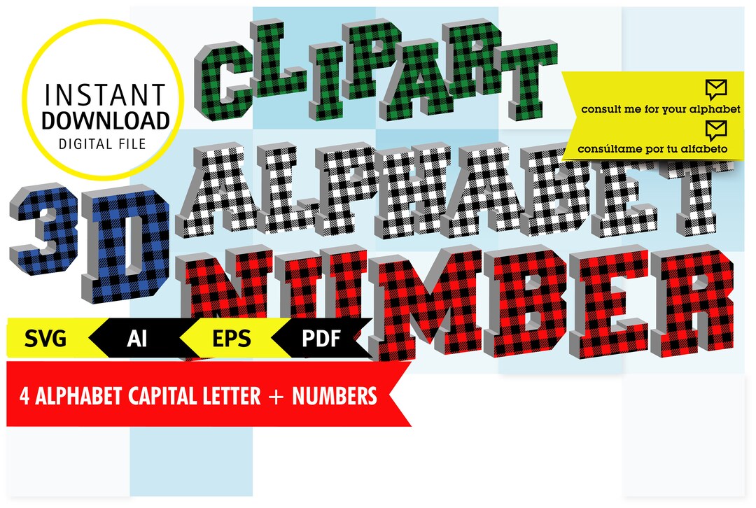 Buffalo Plaid 3D Alphabet, Clipart, Svg, Ai, Eps, Pdf, 4 Alphabet ...