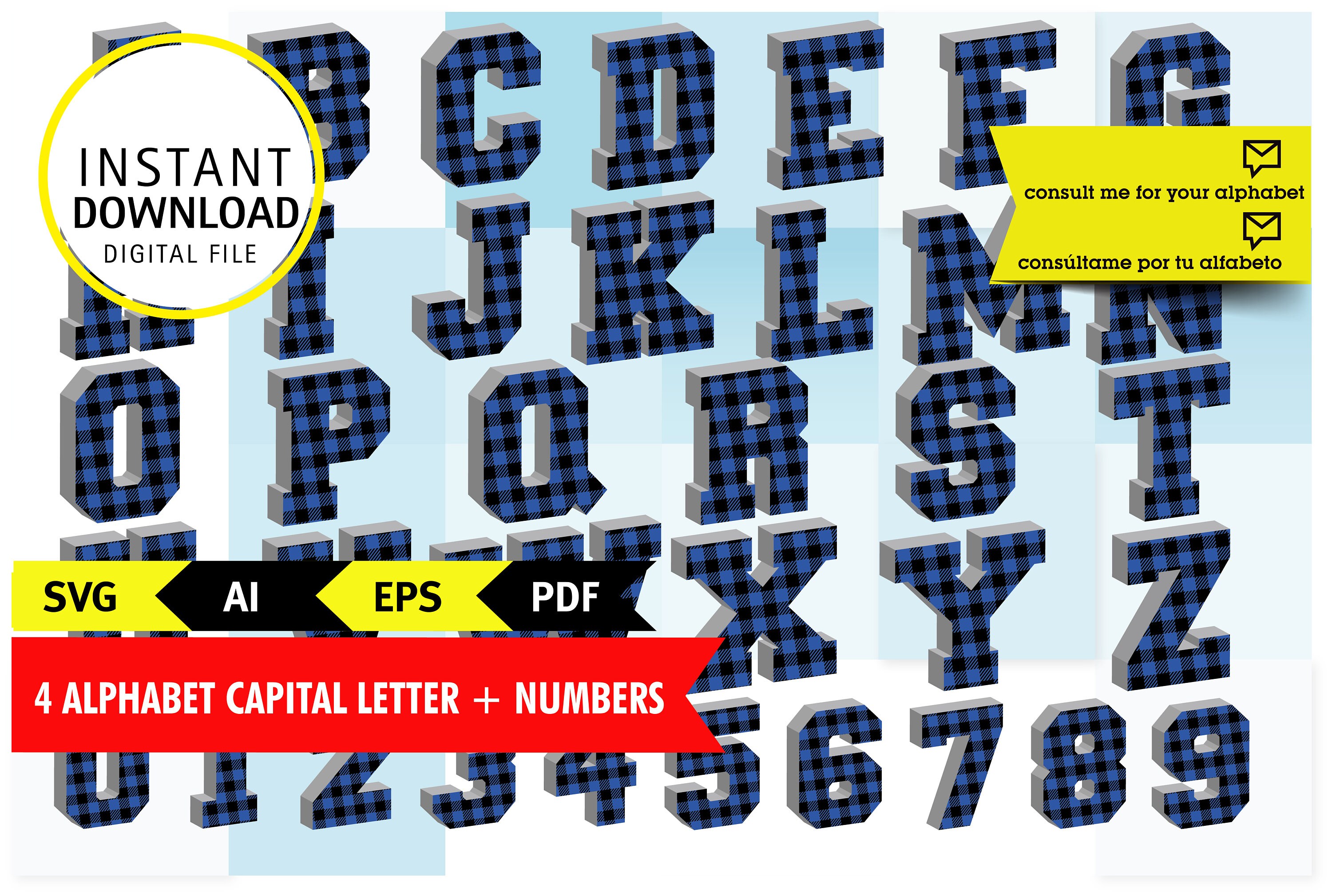 Buffalo Plaid 3D Alphabet, Clipart, Svg, Ai, Eps, Pdf, 4 Alphabet ...