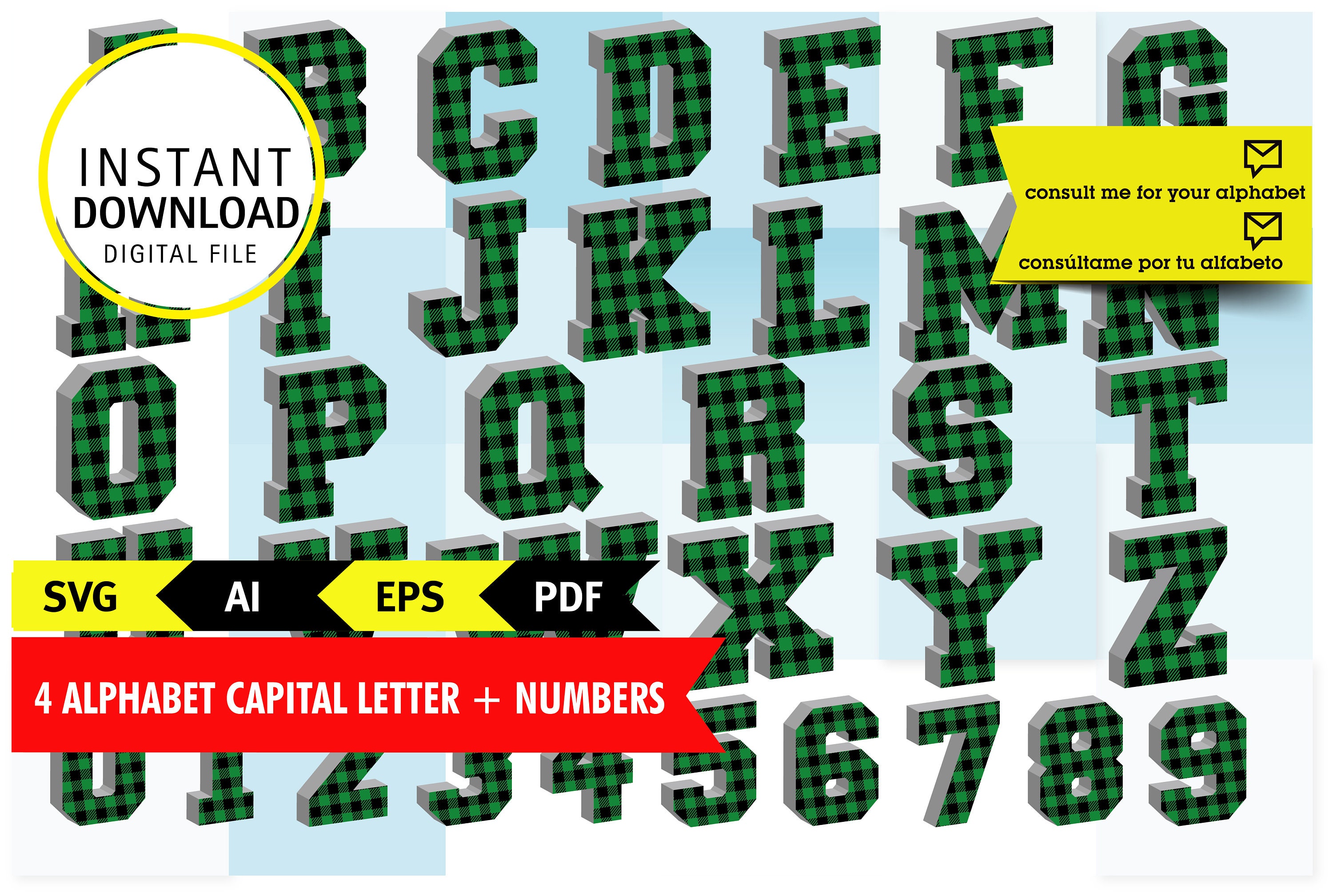 Buffalo Plaid 3D Alphabet, Clipart, Svg, Ai, Eps, Pdf, 4 Alphabet ...