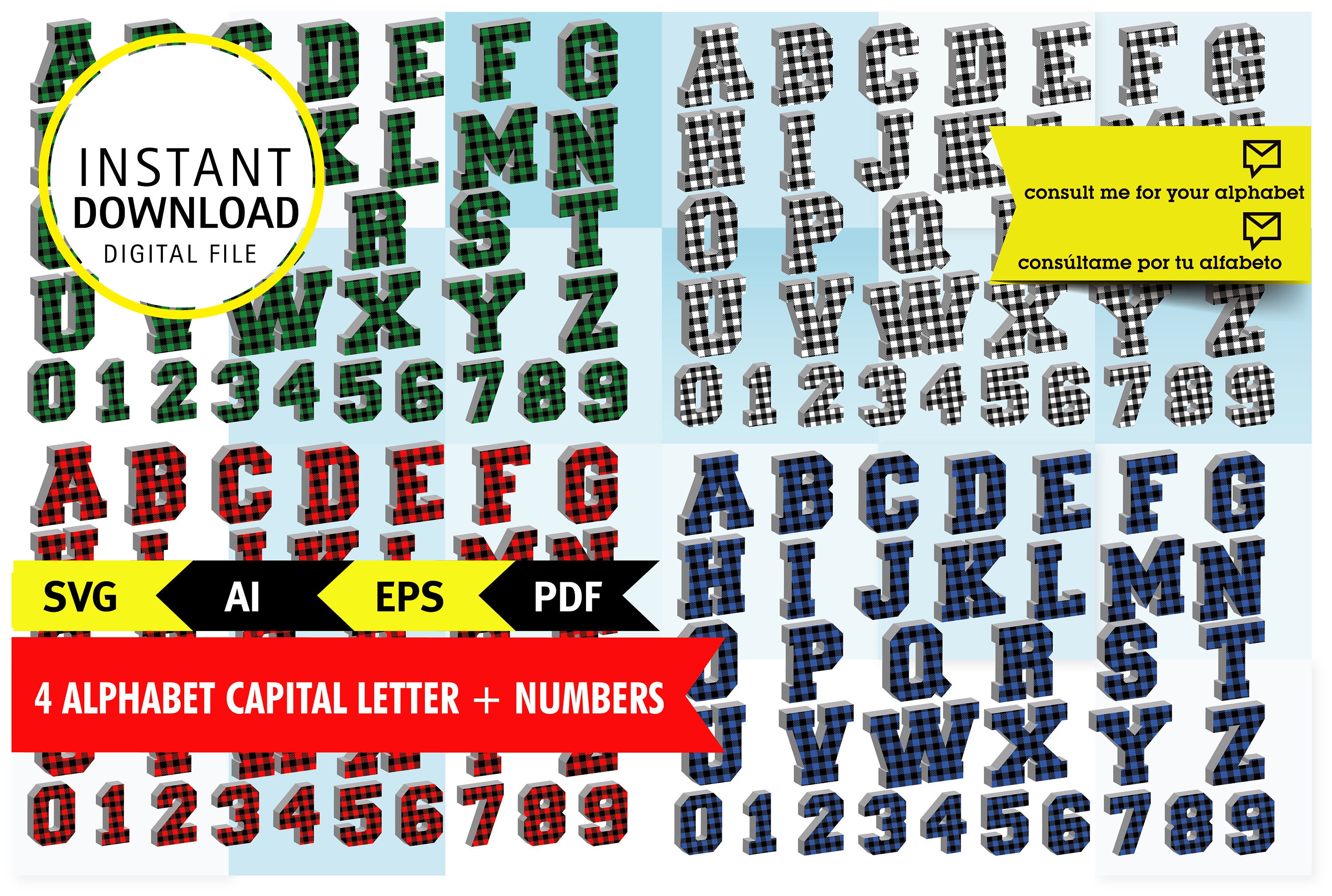 Buffalo Plaid 3D Alphabet, Clipart, Svg, Ai, Eps, Pdf, 4 Alphabet ...