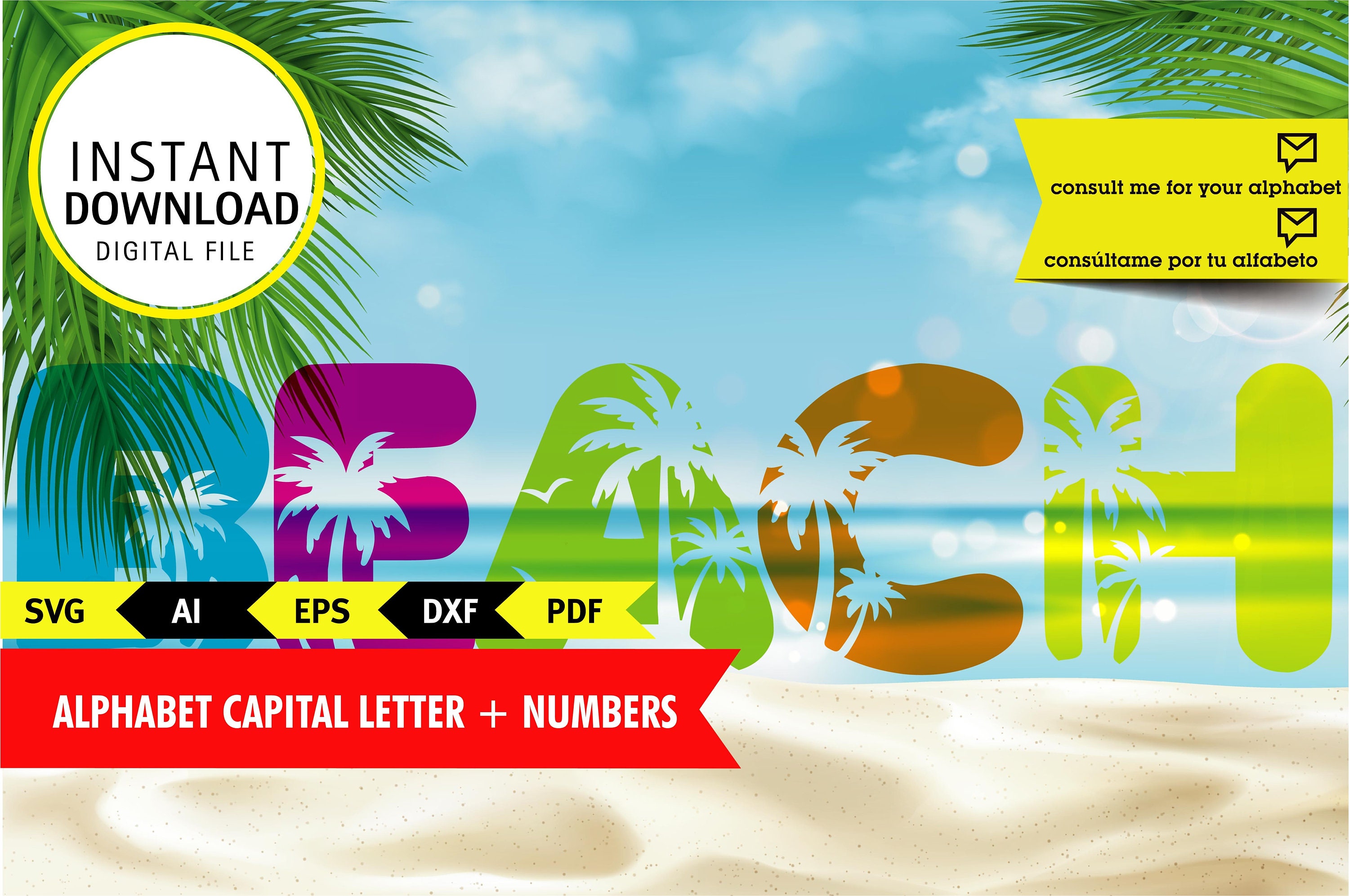 Playa, alfabeto, svg, ai, eps, dxf, pdf editable, palmeras de la playa ...