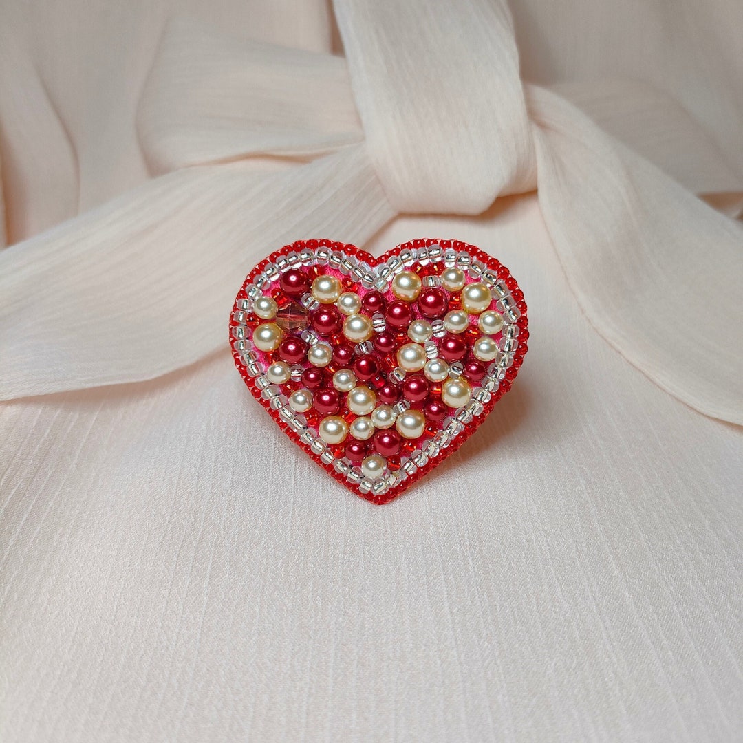 Red Heart Pearl Heart Beaded Brooch Pin Handmade Jewelry Gift - Etsy