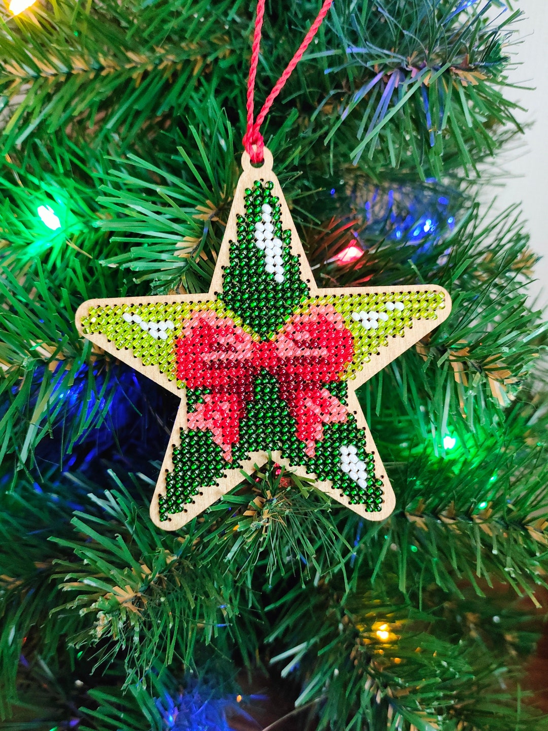 Star With Bow Christmas Beaded Decor on Wooden Base Xmas Finished ...