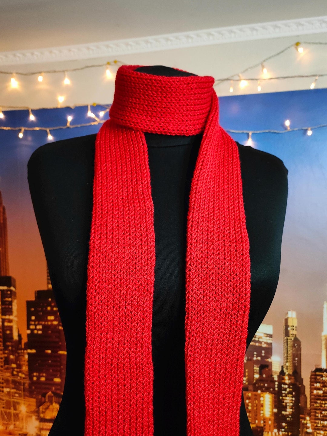 Red Skinny Knit Scarf Handmade Double Layered Knitted Minimalist ...