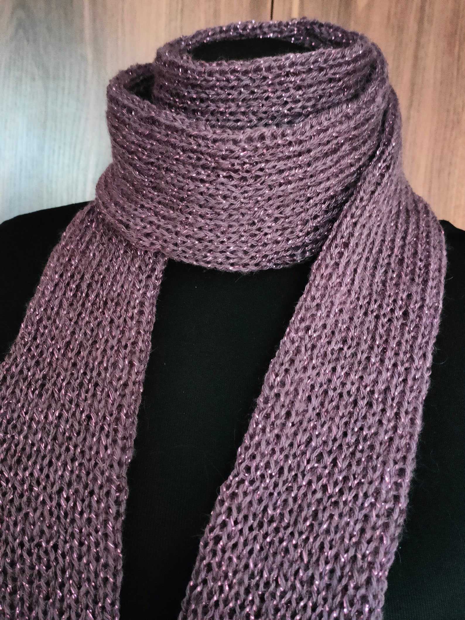 Ash Purple Shiny Skinny Knit Scarf Handmade Double Layered Knitted ...