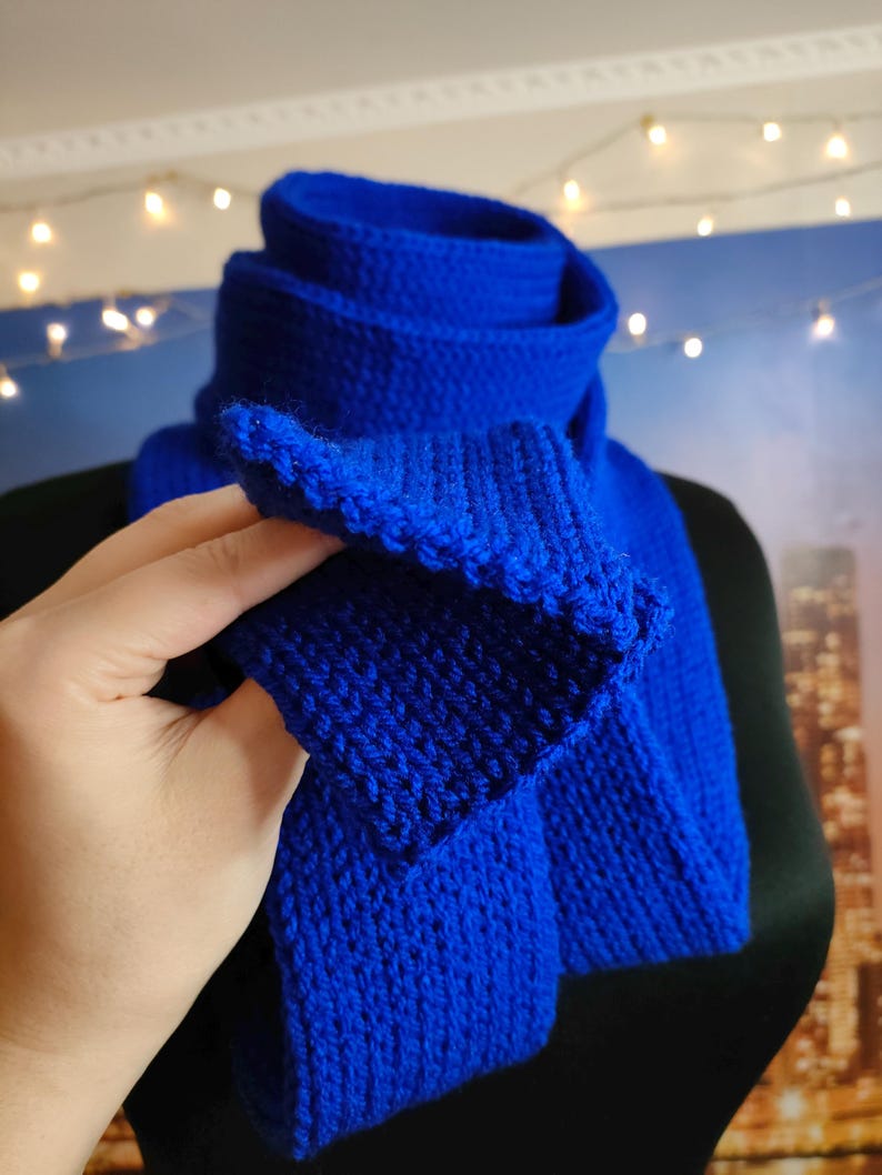 Dark Ultramarine Blue Skinny Knit Scarf Handmade Double Layered Knitted ...