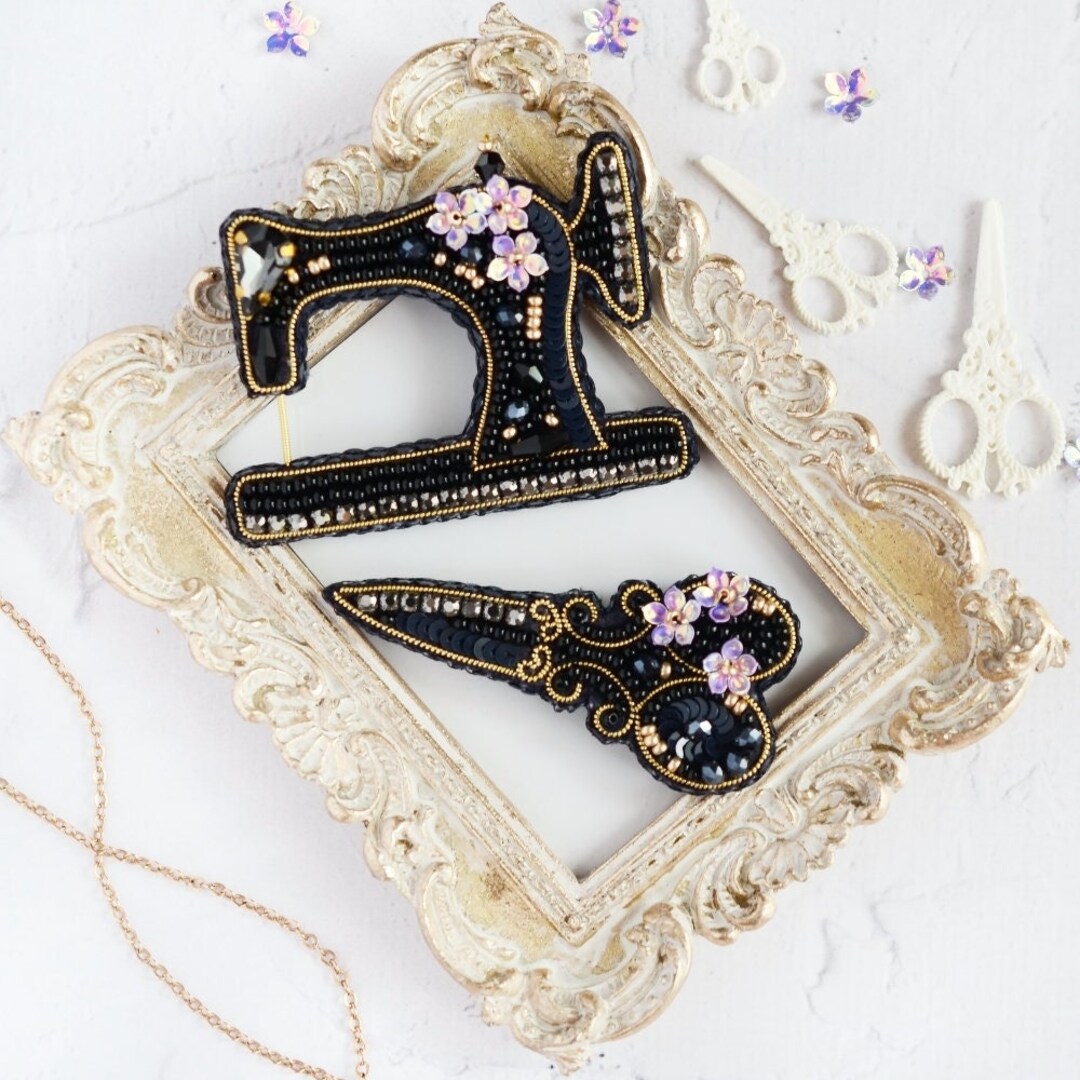 Black Scissors and Sewing Machine DIY Beaded Brooch Kit Jewelry Making ...