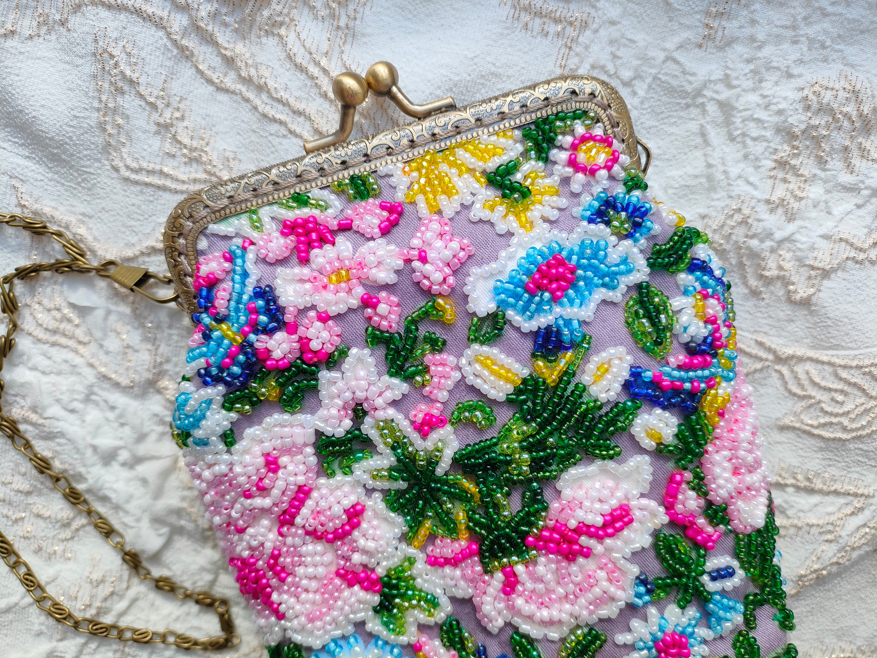 Vintage Colorful Beaded Purse/Handbag Floral Design With Bronze Tone ...