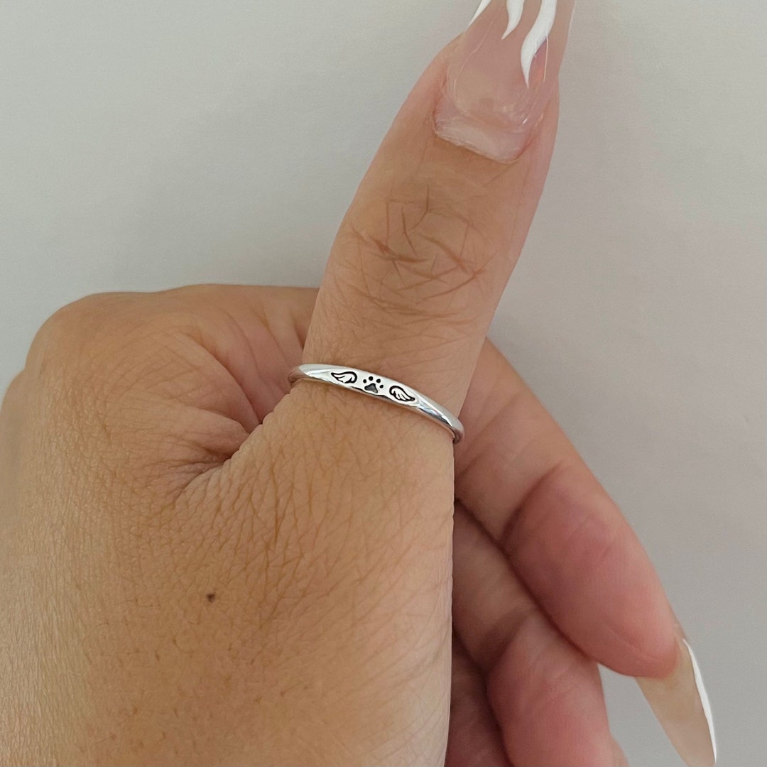 Sterling Silver 2MM TINY Paw With Angel Wings Band Ring, Dainty Paw ...