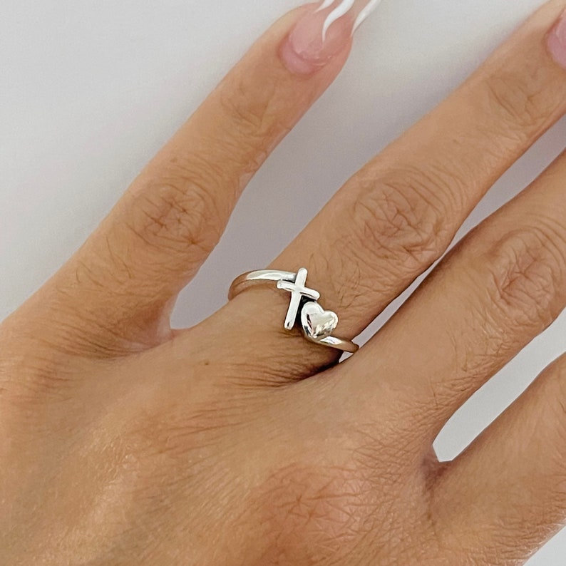 Sterling Silver Heart and Cross Ring Heart Ring Cross Ring - Etsy