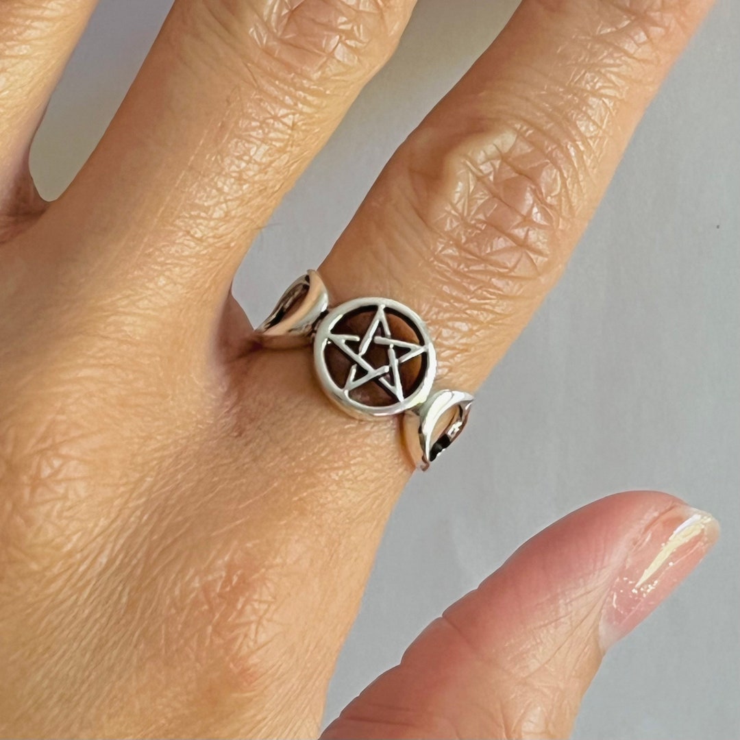 Sterling Silver Pentagram With Moon Ring, Moon Ring, Pentagram Ring ...