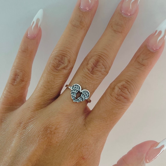 Sterling Silver Heart Angel Wings Ring Heart Ring Angel - Etsy