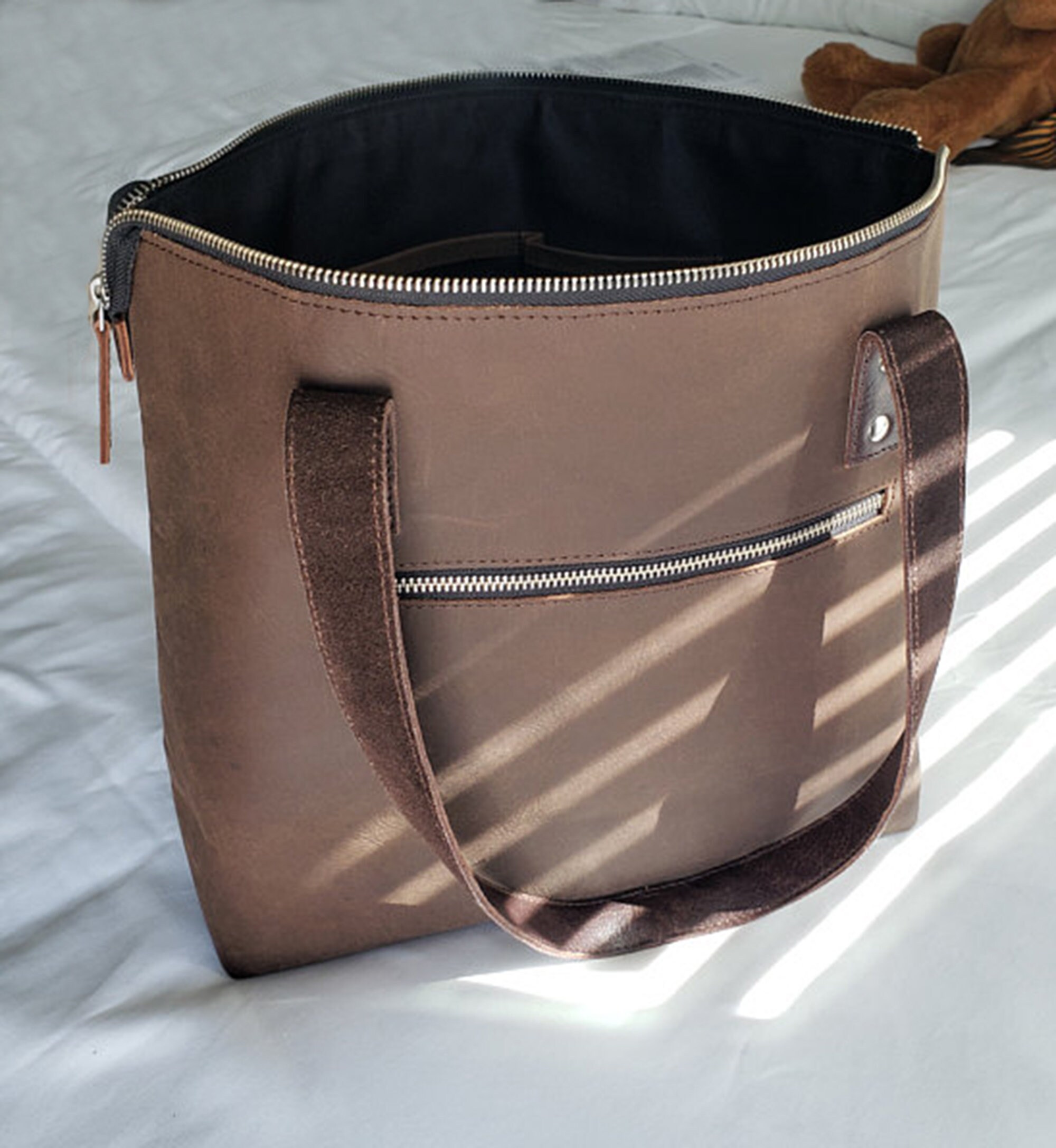 Leather Tote Bags With Lining Zipper Handmade Brown Women Purse ...
