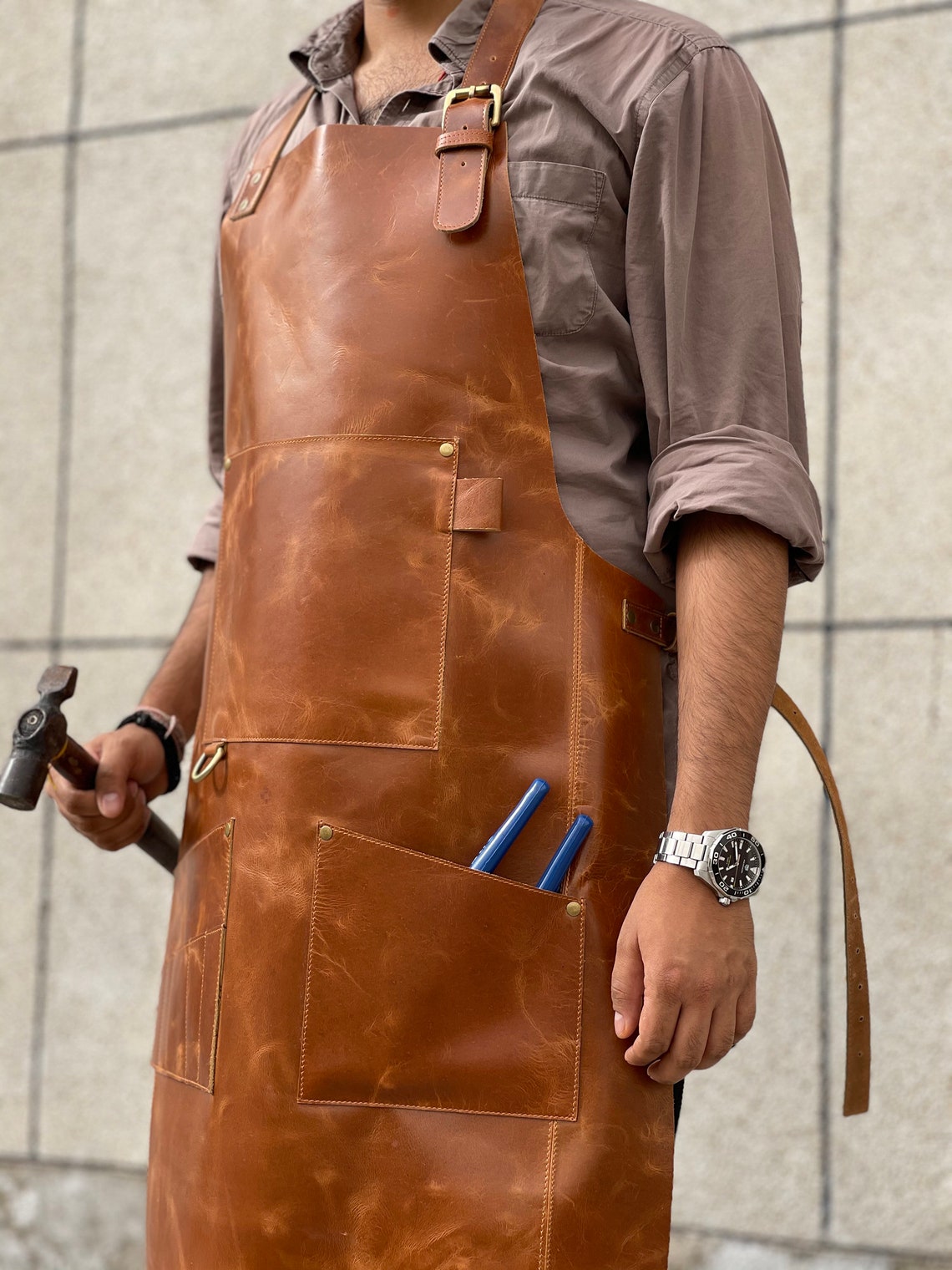 Genuine Leather Apron for Men BBQ Barbecue Aprons Chef Kitchen Apron ...