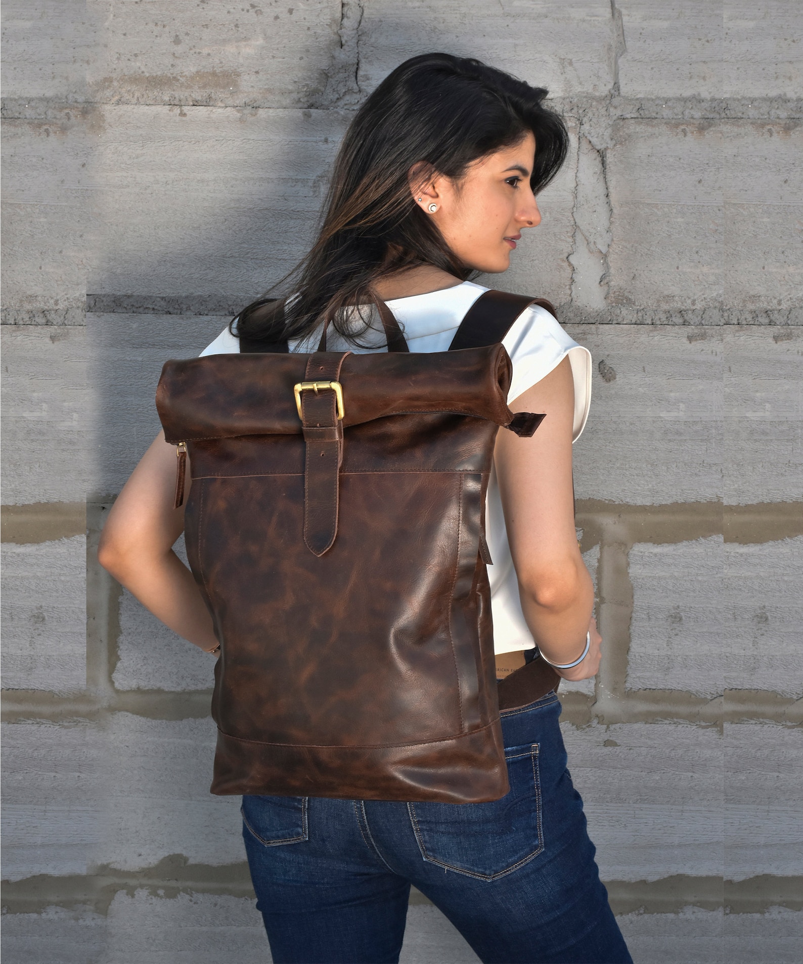 Leather Rolltop Backpack Women Men Leather Backpack Large | Etsy