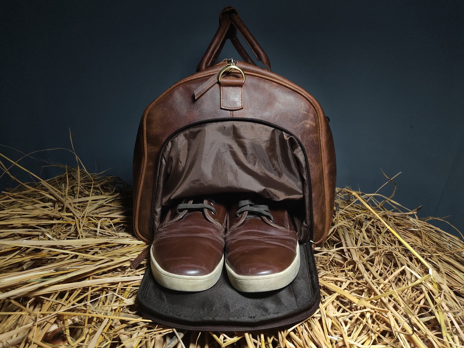 Leather Weekender Bag With Shoe Compartment Men Full Grain Etsy
