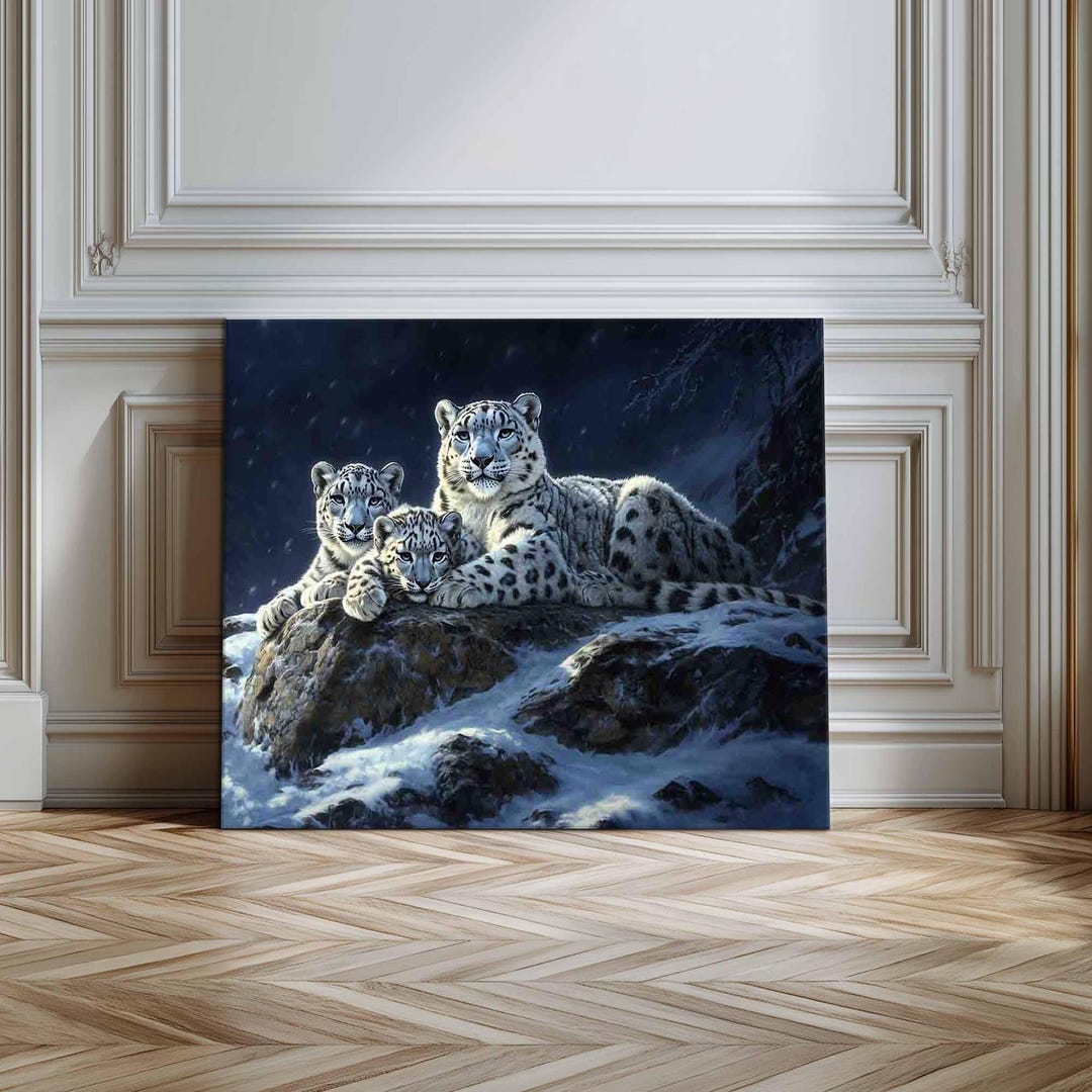 Moonlit Snow Leopard Trio Oil Painting Giclee Print on Canvas , Blue ...