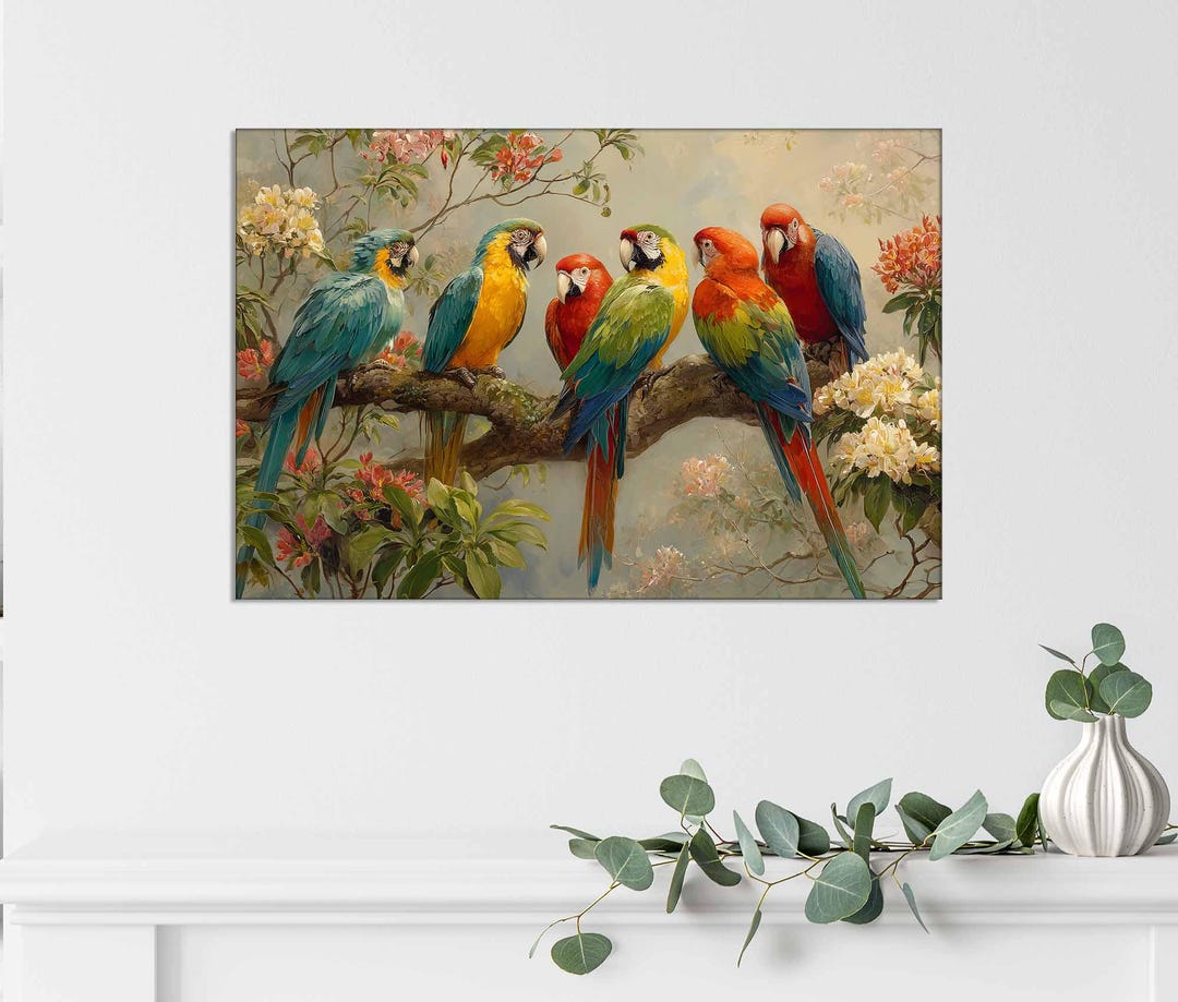 Vintage Macaw Parrot Wall Art Canvas Giclee Print, Botanical Floral ...