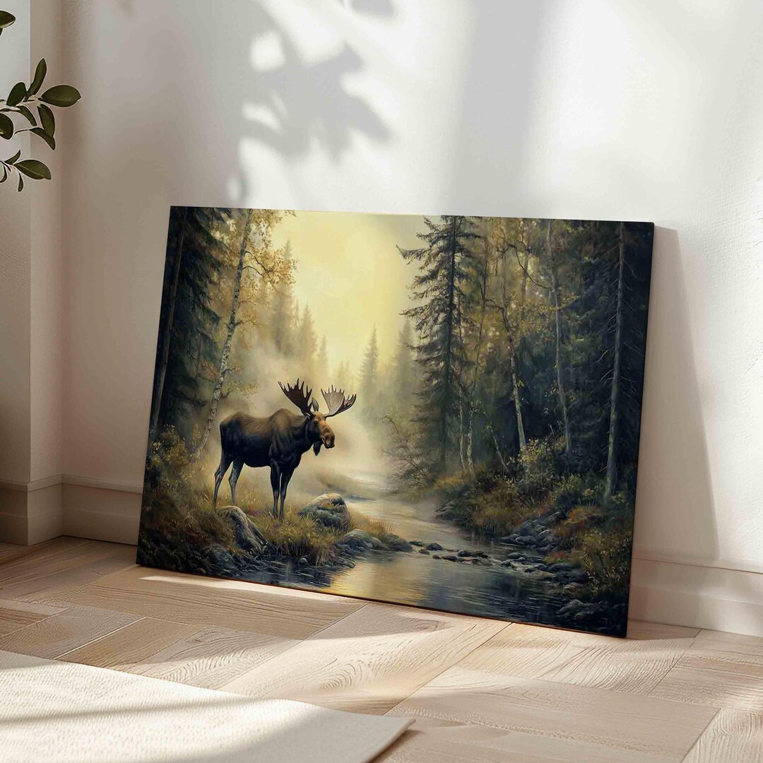 Moose Oil Painting,moose Prints,moose in Forest by River,nature ...