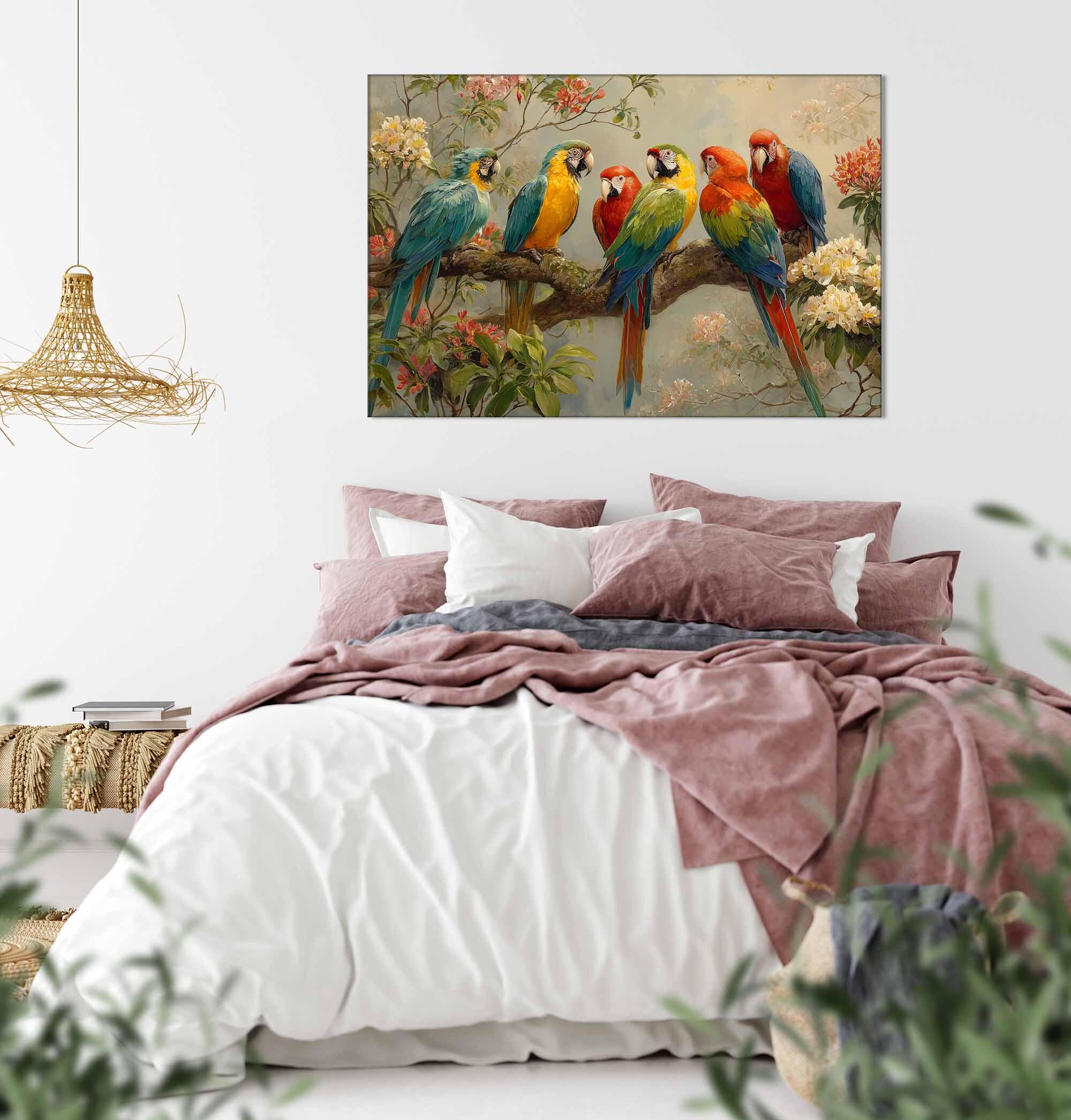 Vintage Macaw Parrot Wall Art Canvas Giclee Print, Botanical Floral ...