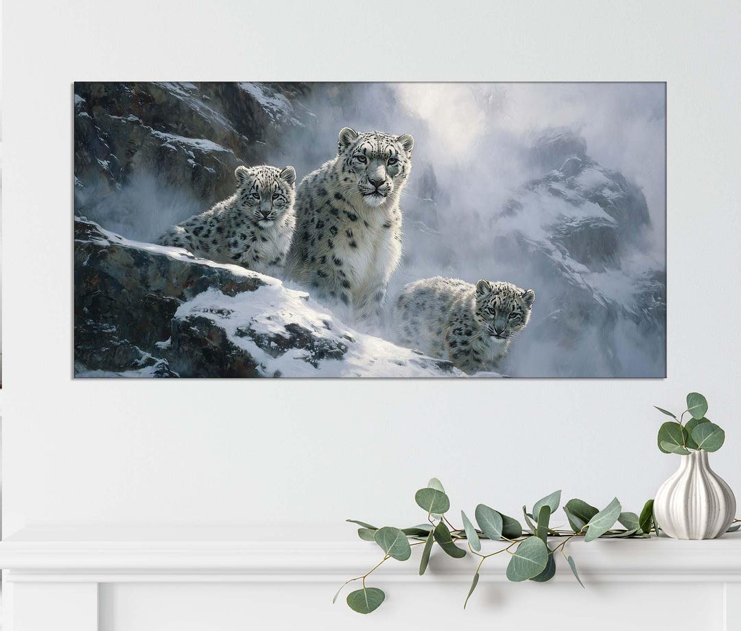 Alpine Mist Snow Leopard Trio Giclee Canvas Print With Oil Painting ...