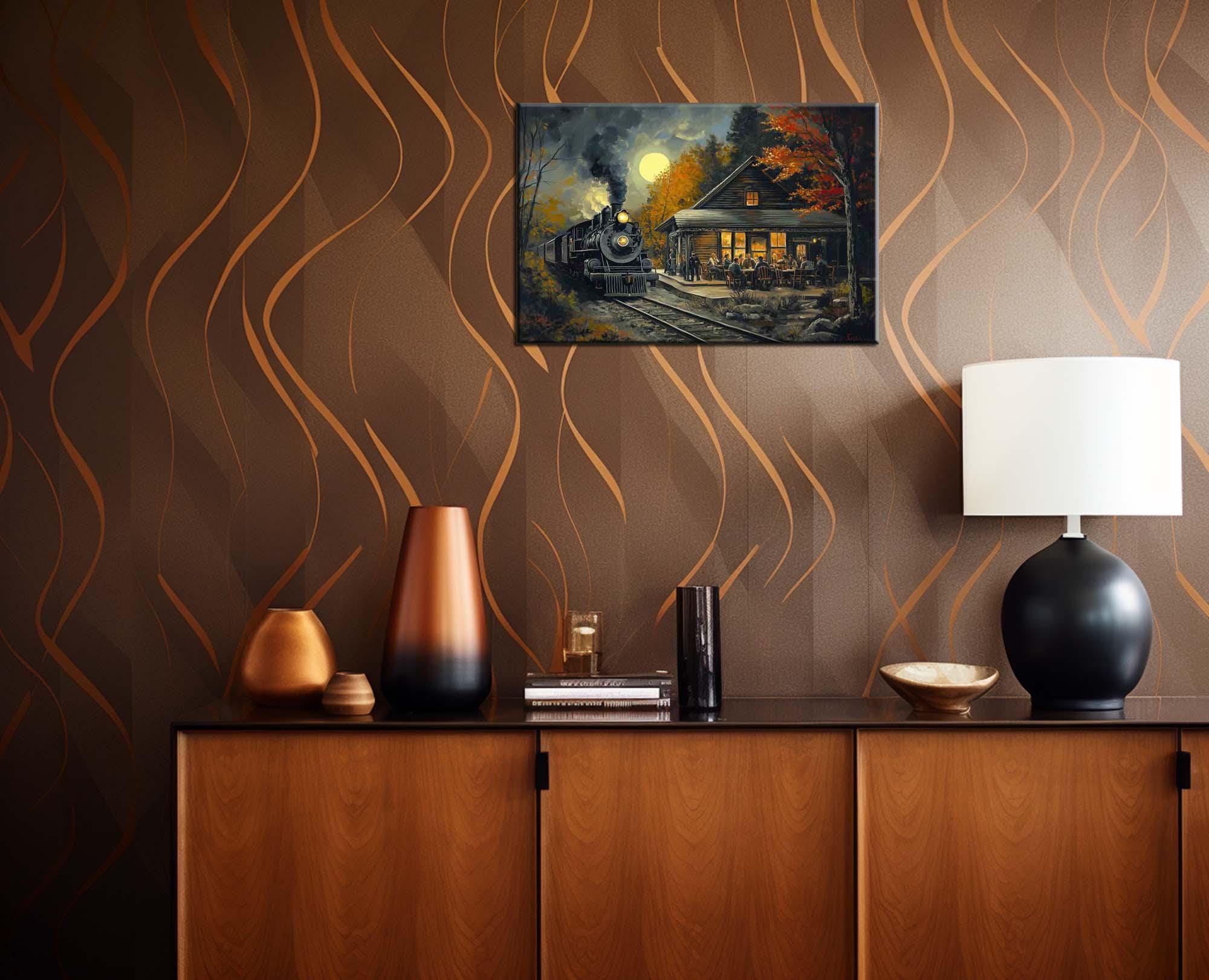 Vintage Train Prints,vintage Train Oil Painting,night Train Station ...