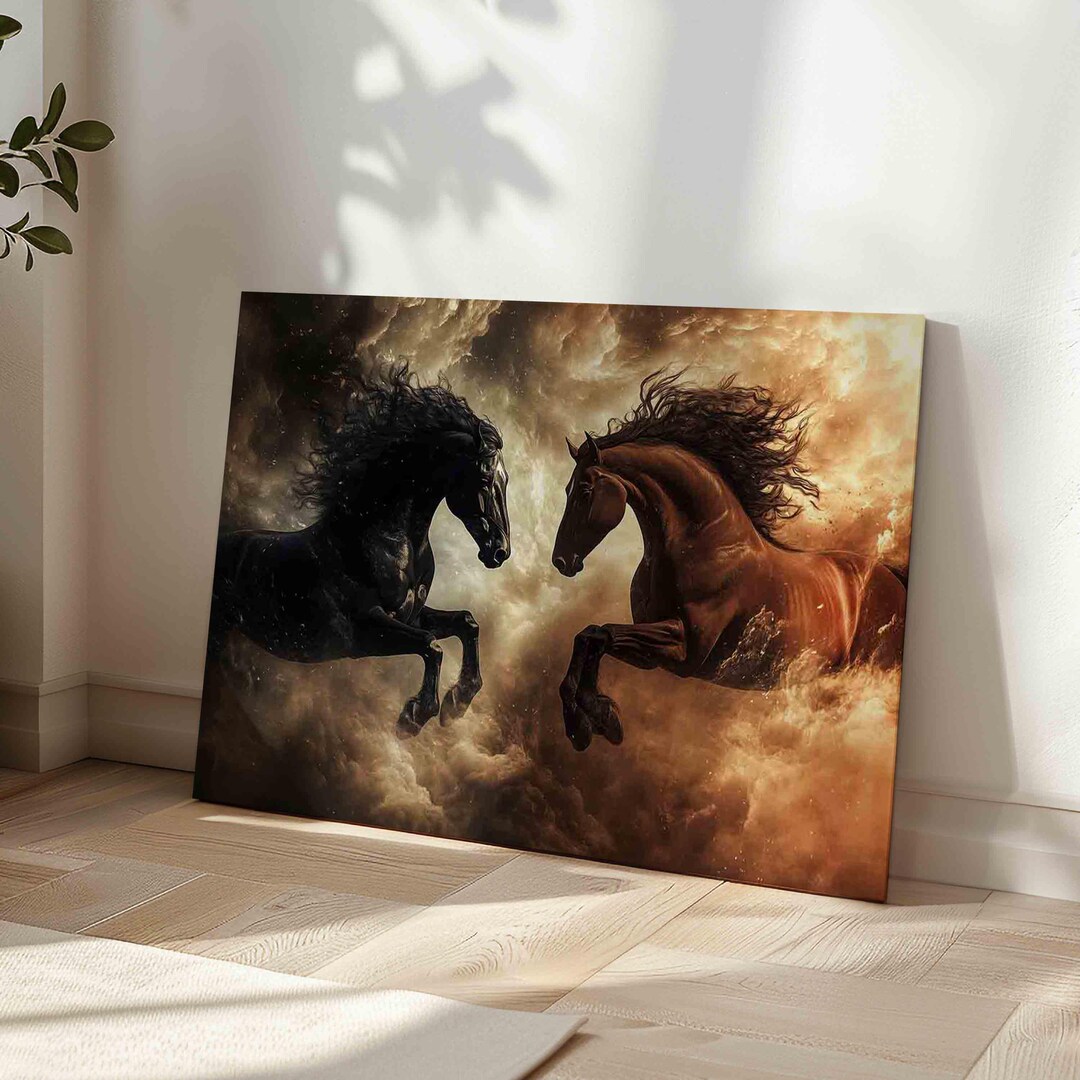 Black and Chestnut Horses Art Prints,fiery Storm Battle Fantasy Equine ...