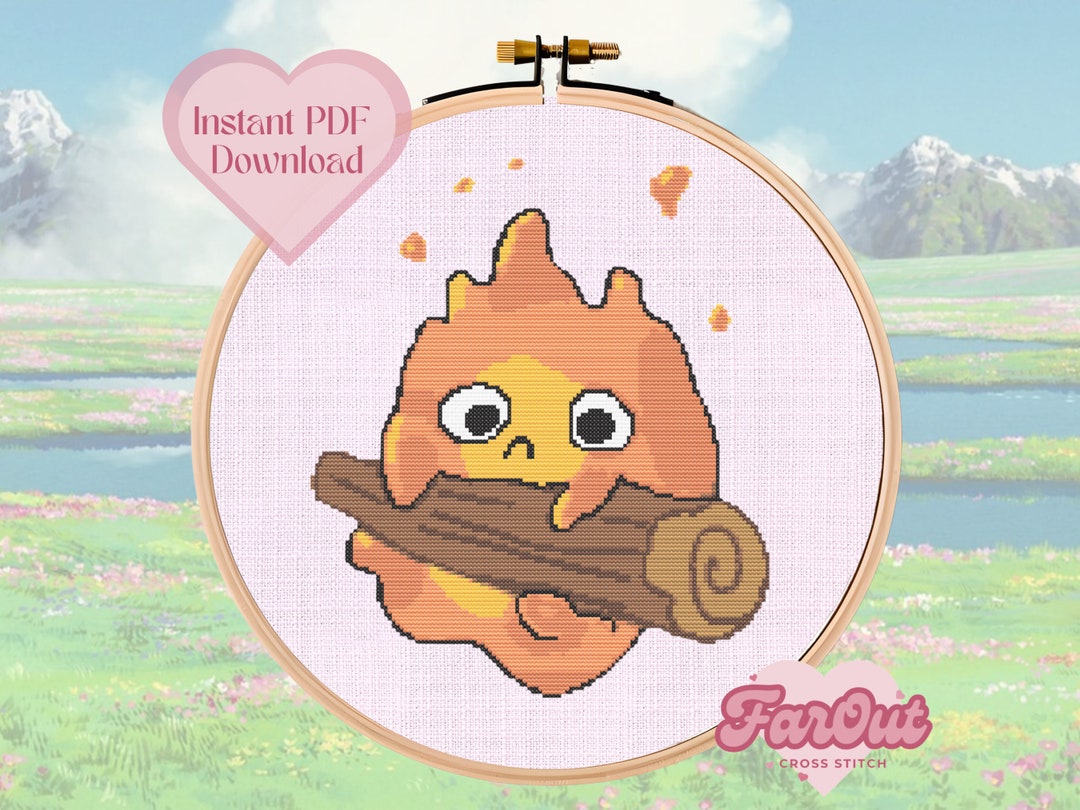 Calcifer on His Log | Howls Castle Inspired Cross Stitch Pattern PDF ...