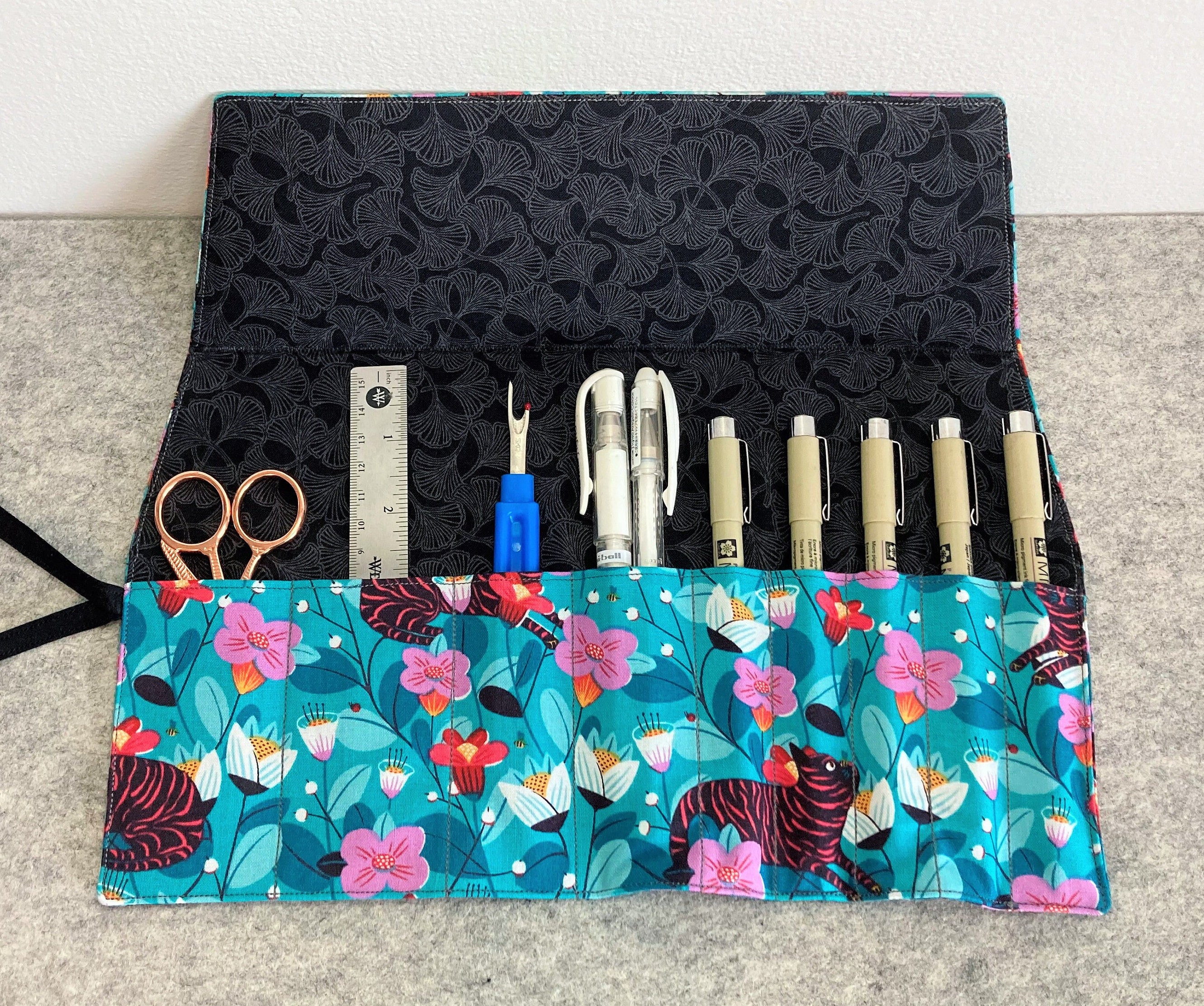 Canvas Pen Roll / Tool Roll, Jungle Tropical Tiger Cat Floral Botanical ...