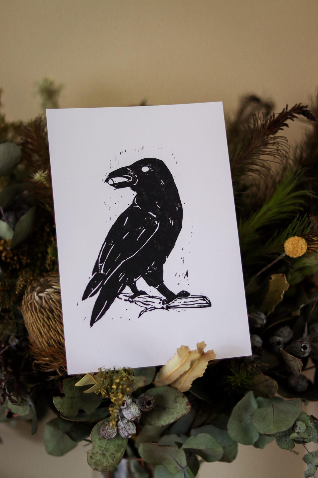 Berry Picking Raven Linocut Print – Witchy Raven Art – Gothic Nature ...