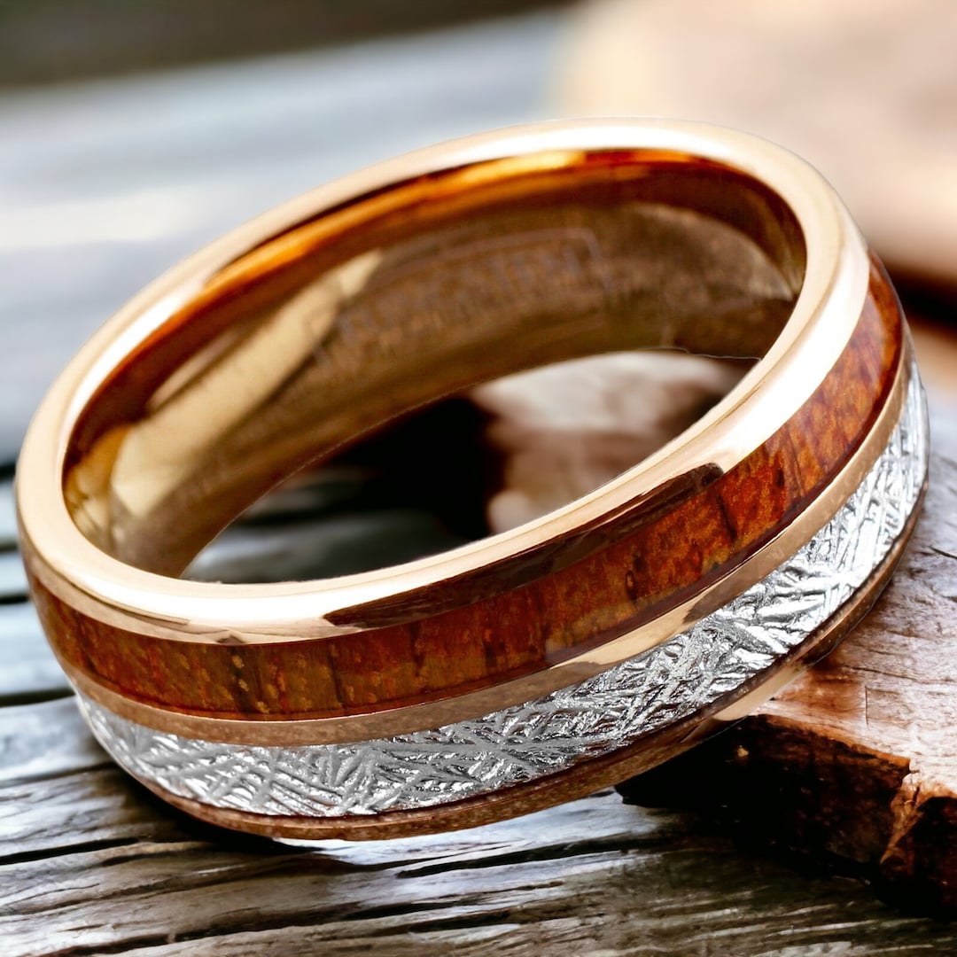 Koa Wood and Meteorite Ring, Rose Gold Meteorite Ring, Tungsten Koa ...