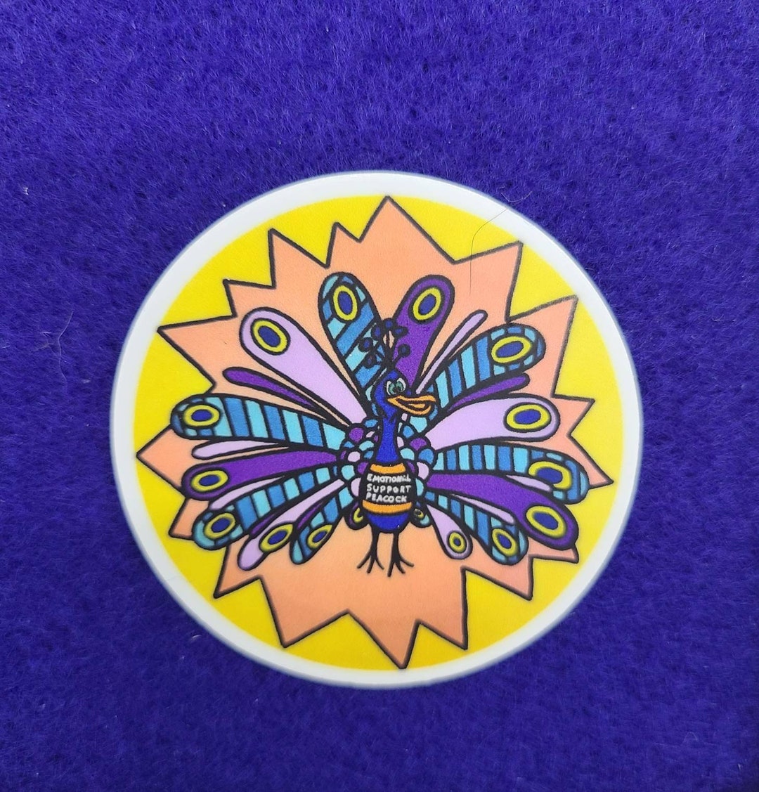 Round Dexter the Emotional Support Peacock 3 Inch Die-cut Vinyl Sticker ...