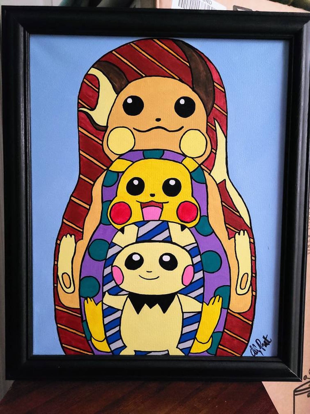 Nesting Chus pikachu, Raichu, & Pichu Acrylic on Canvas 16 X 20 FRAMED ...