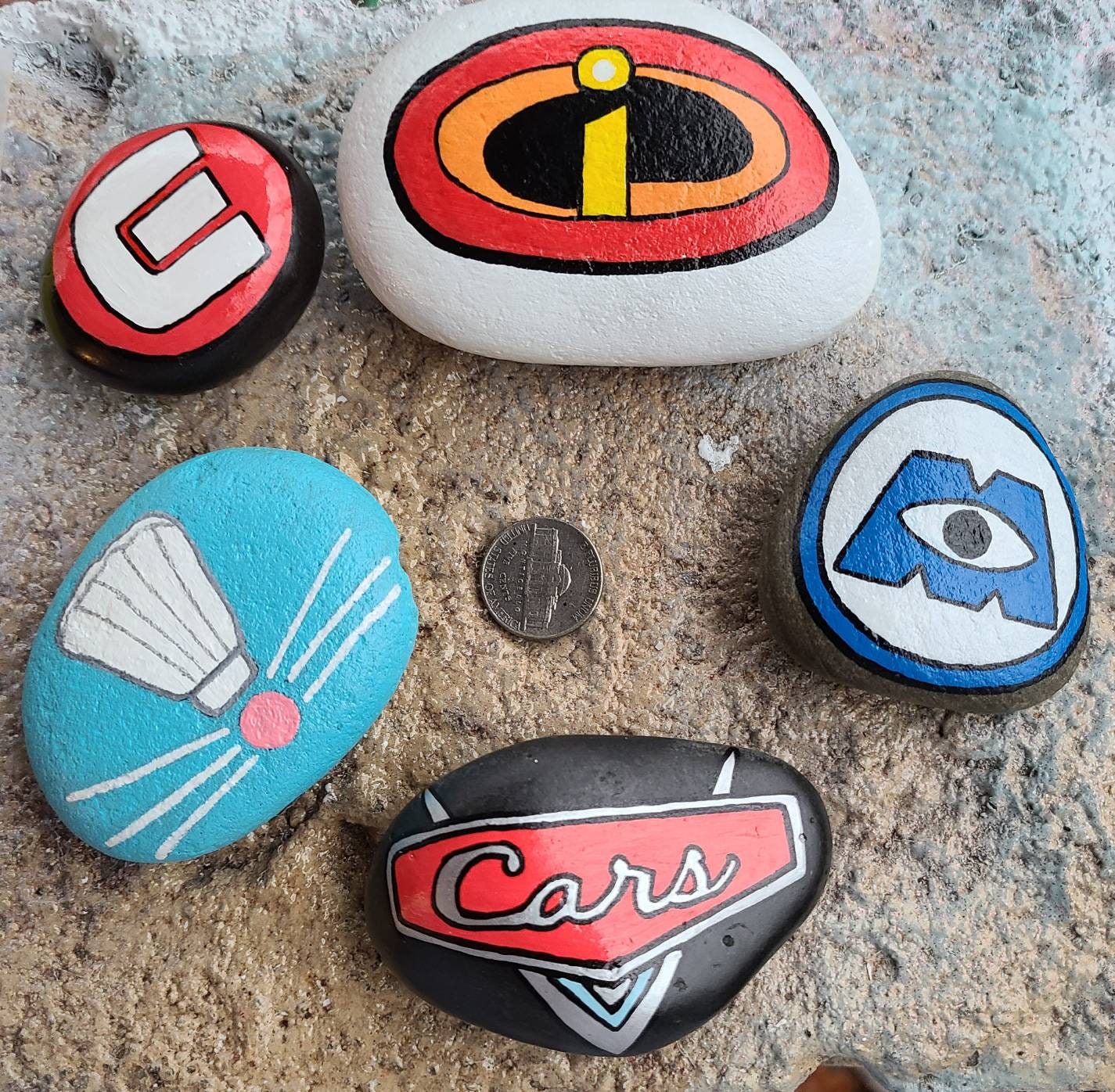 Set Of Disney Pixar Logos Hand Painted Rocks Ratatouille, Cars, Walle ...